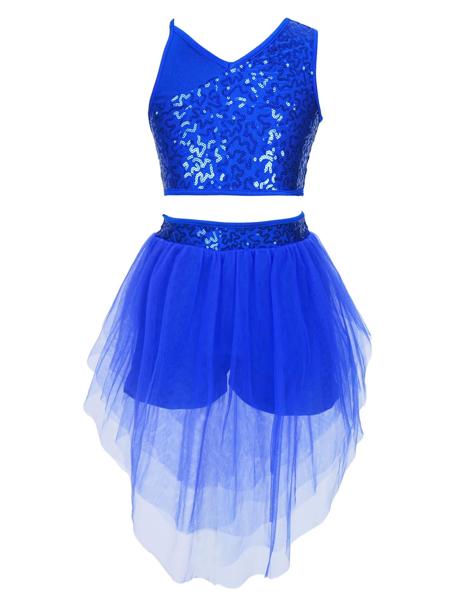 YiZYiF Girls Dance Performance Outfit Sequins Crop Top with Tutu Skirt ...