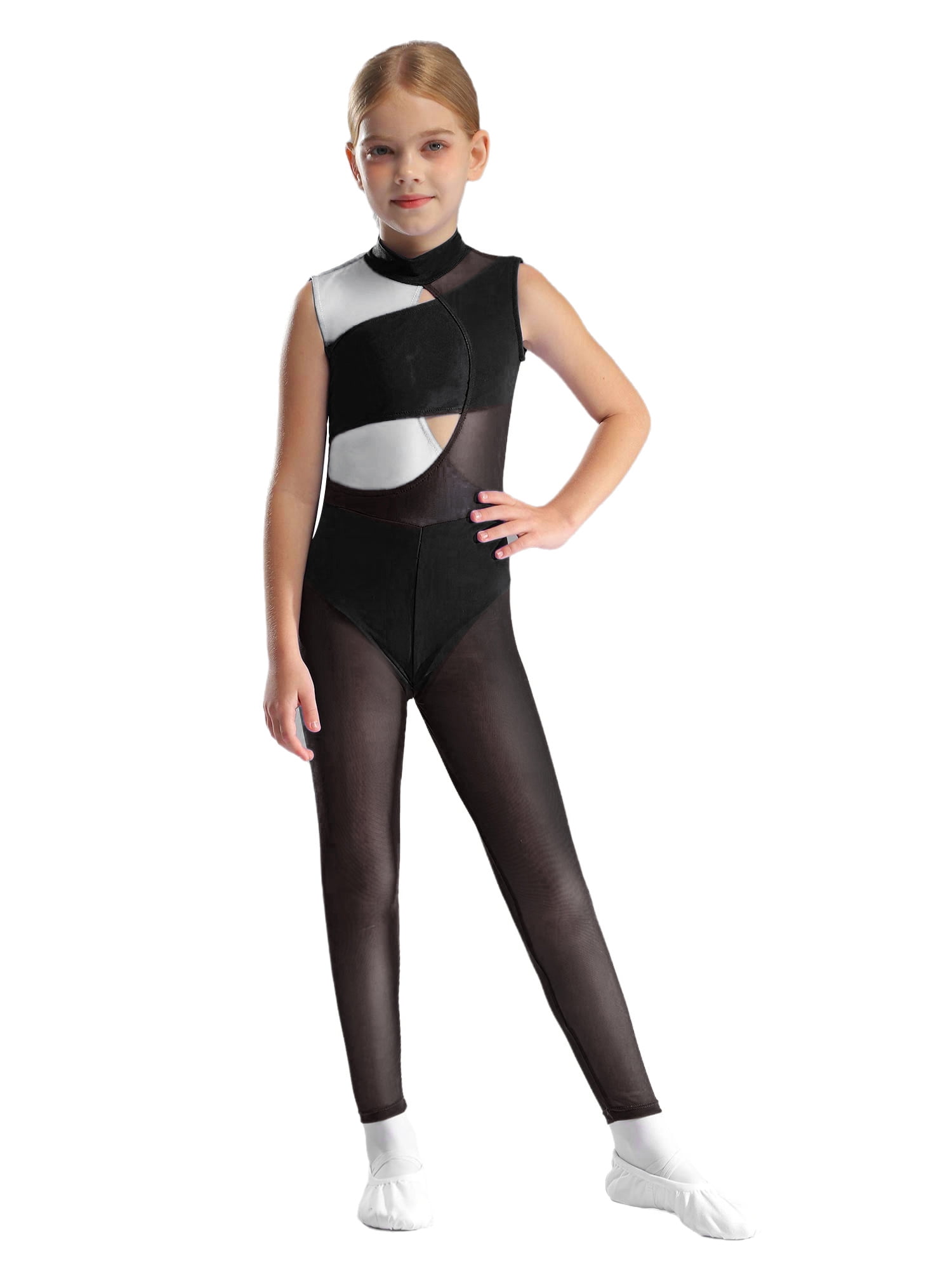 YiZYiF Girls Gymnastics Unitard Sleeveless Mock Neck Mesh Splice ...