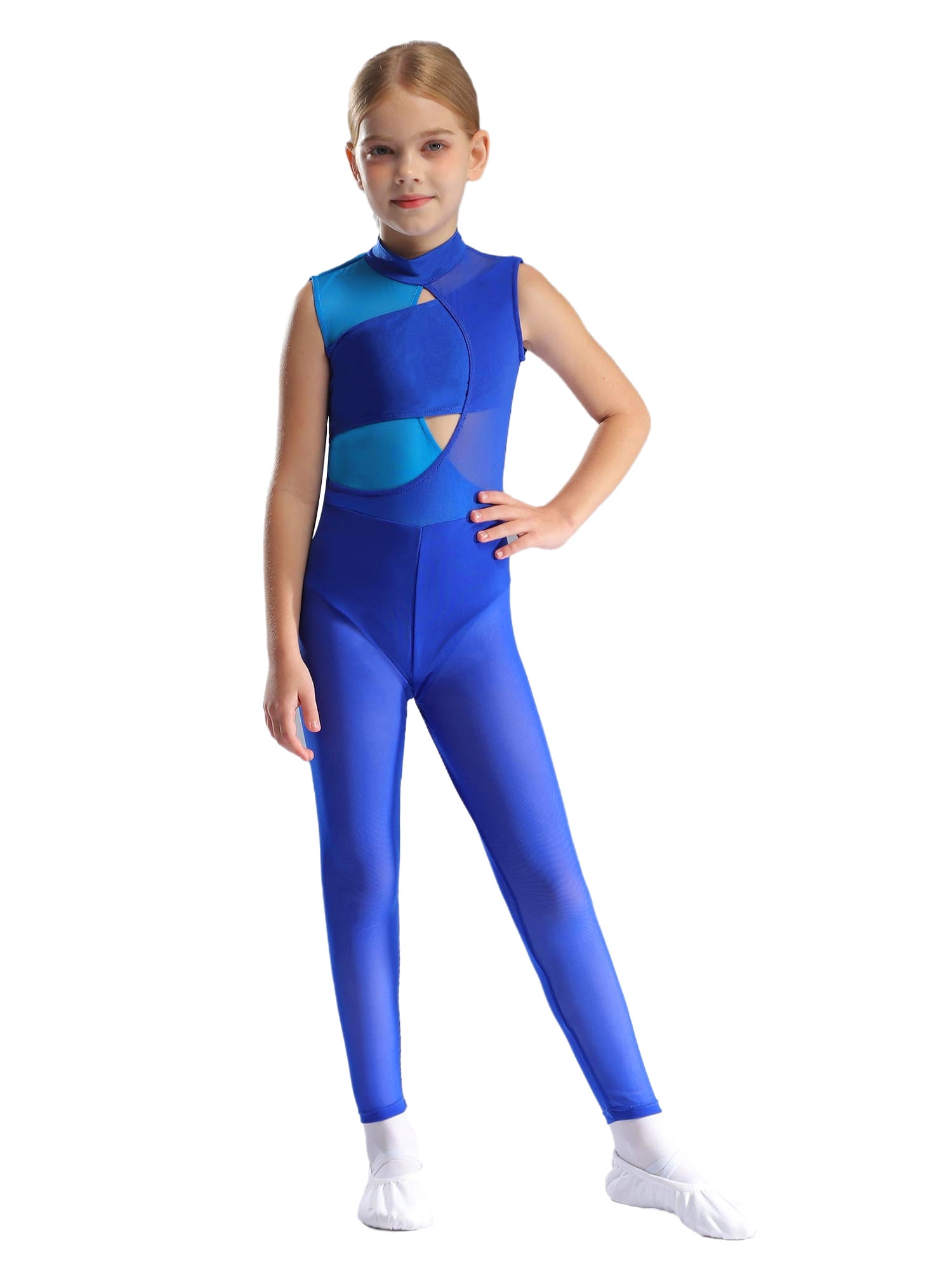 YiZYiF Girls Gymnastics Unitard Sleeveless Mock Neck Mesh Splice ...