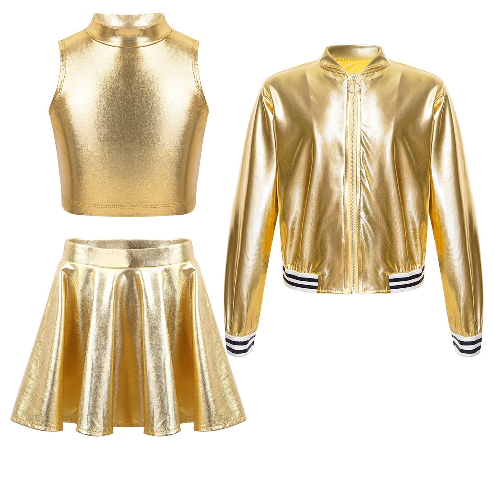 YiZYiF Girls Metallic Crop Top with Mini Skirt Jacket Ballet Jazz Hip ...
