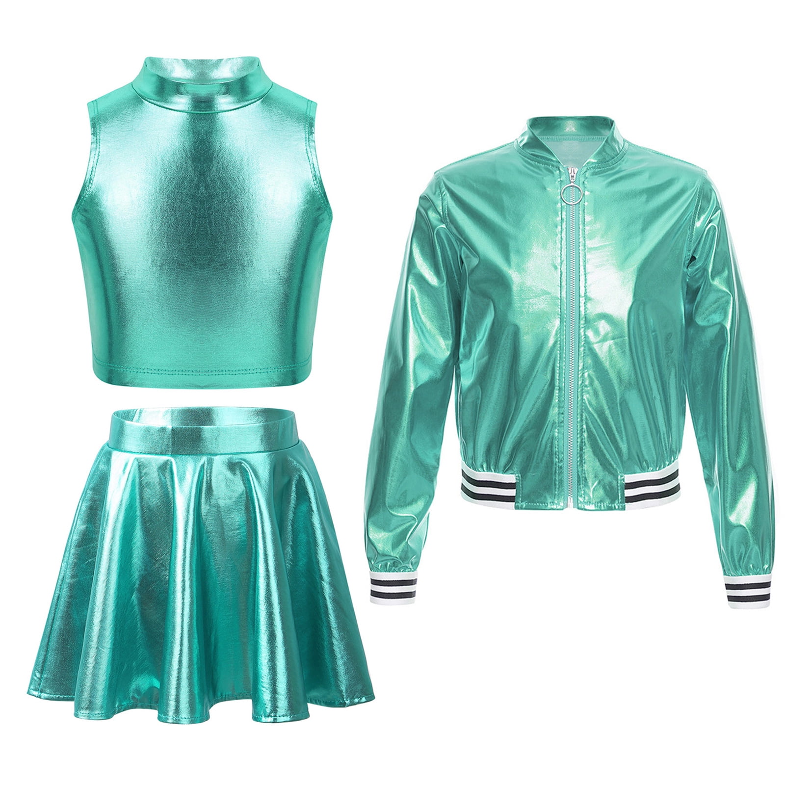 YiZYiF Girls Metallic Crop Top with Mini Skirt Jacket Ballet Jazz Hip ...