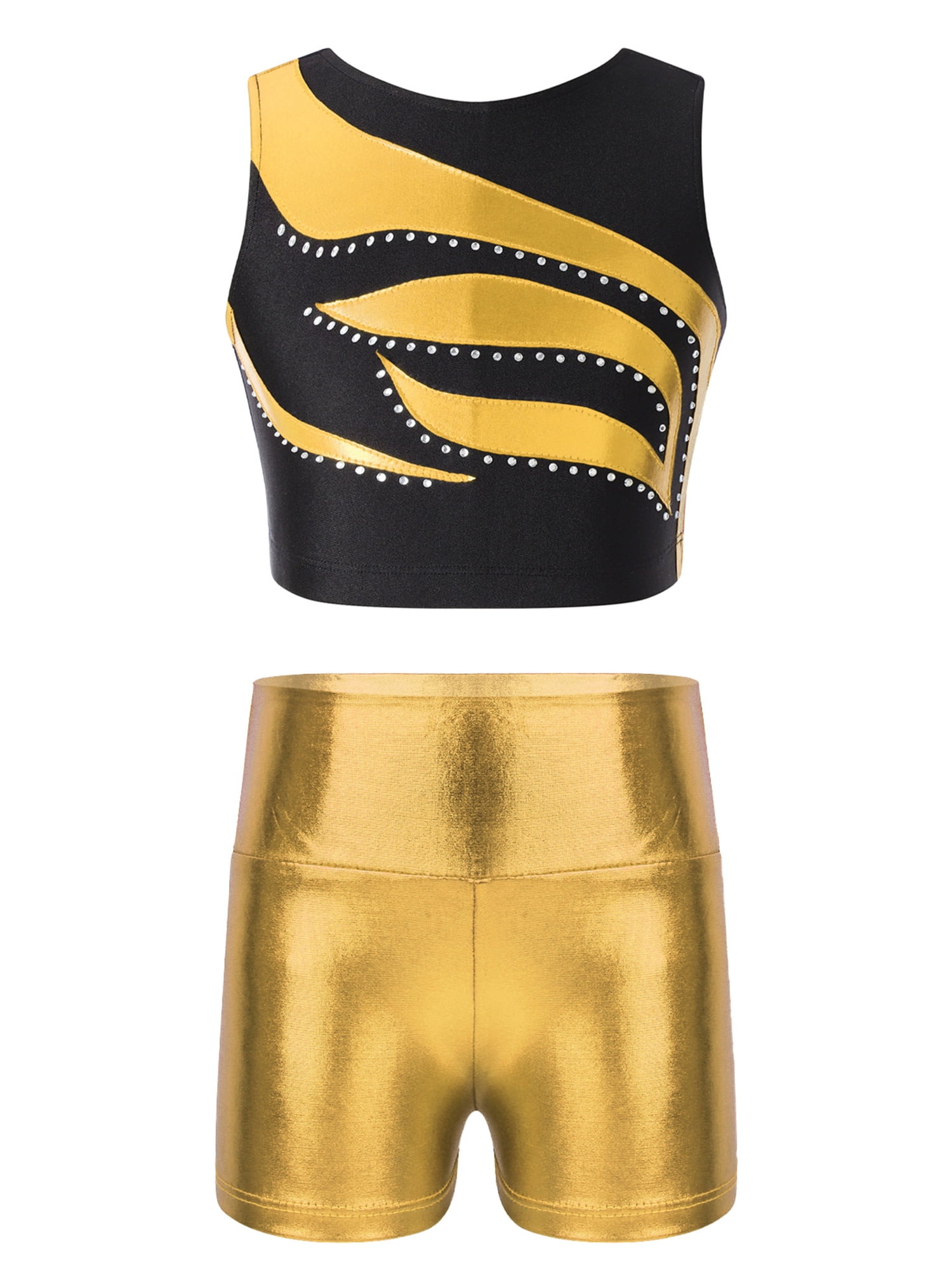 YiZYiF Girls Metallic Dance Outfit Set Shiny Rhinestone Crop Top with ...