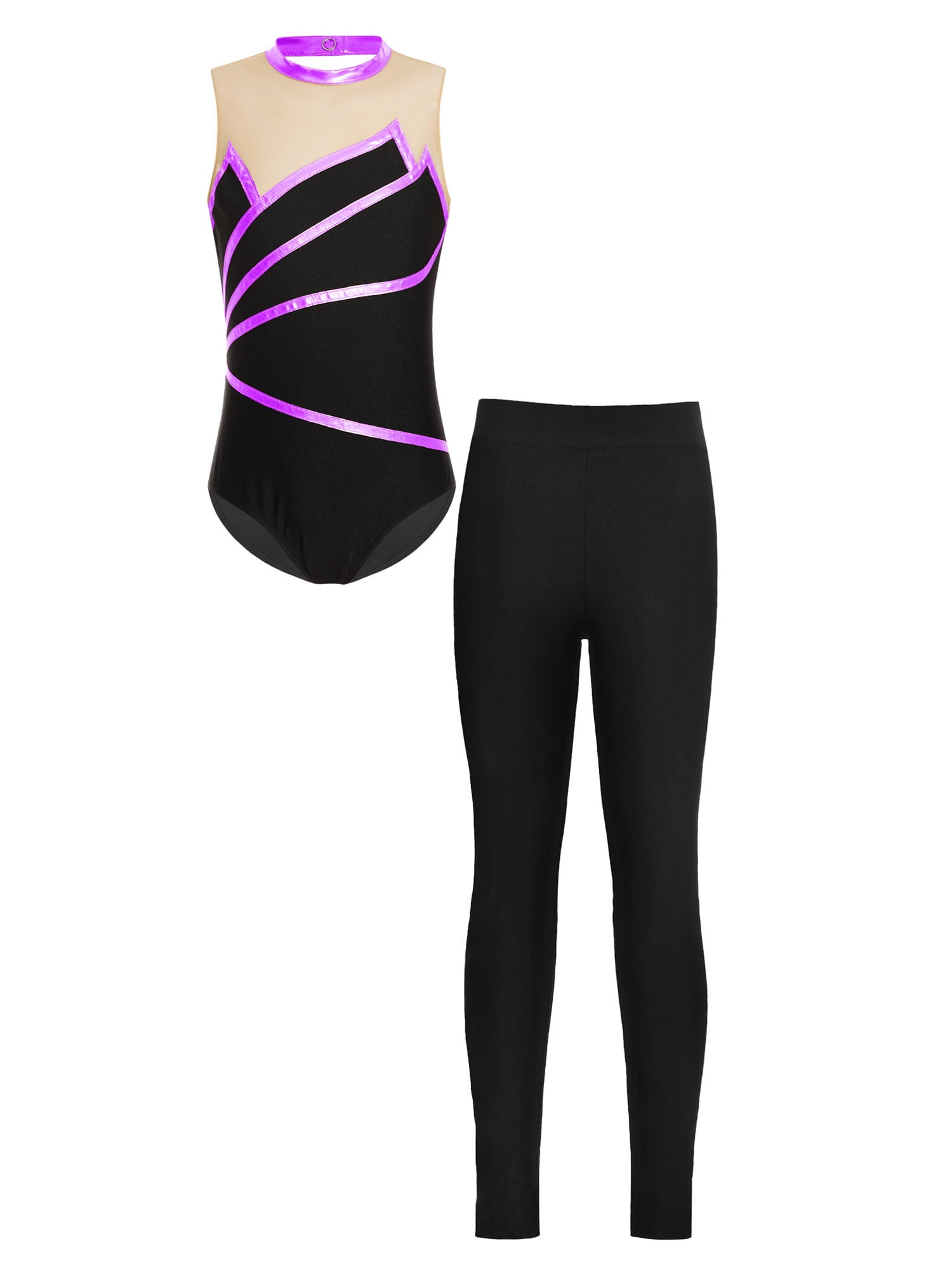 YiZYiF Girls Metallic Stripes Dance Unitard with Leggings Big Girls ...