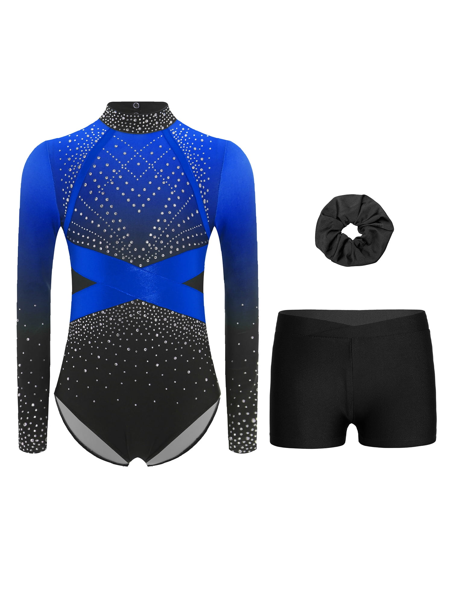 YiZYiF Girls Rhinestone Color Block Gymnastics Leotard Long Sleeve ...