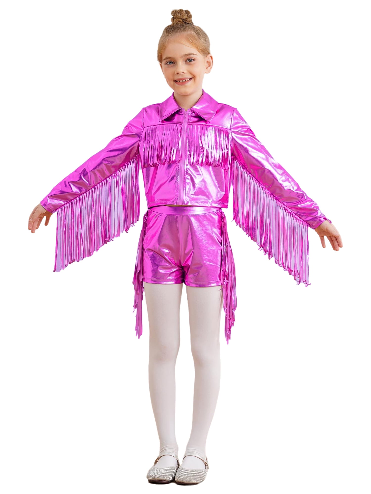 YiZYiF Girls Sequins Tassels Dance Outfits Metallic Zipper Jacket with ...