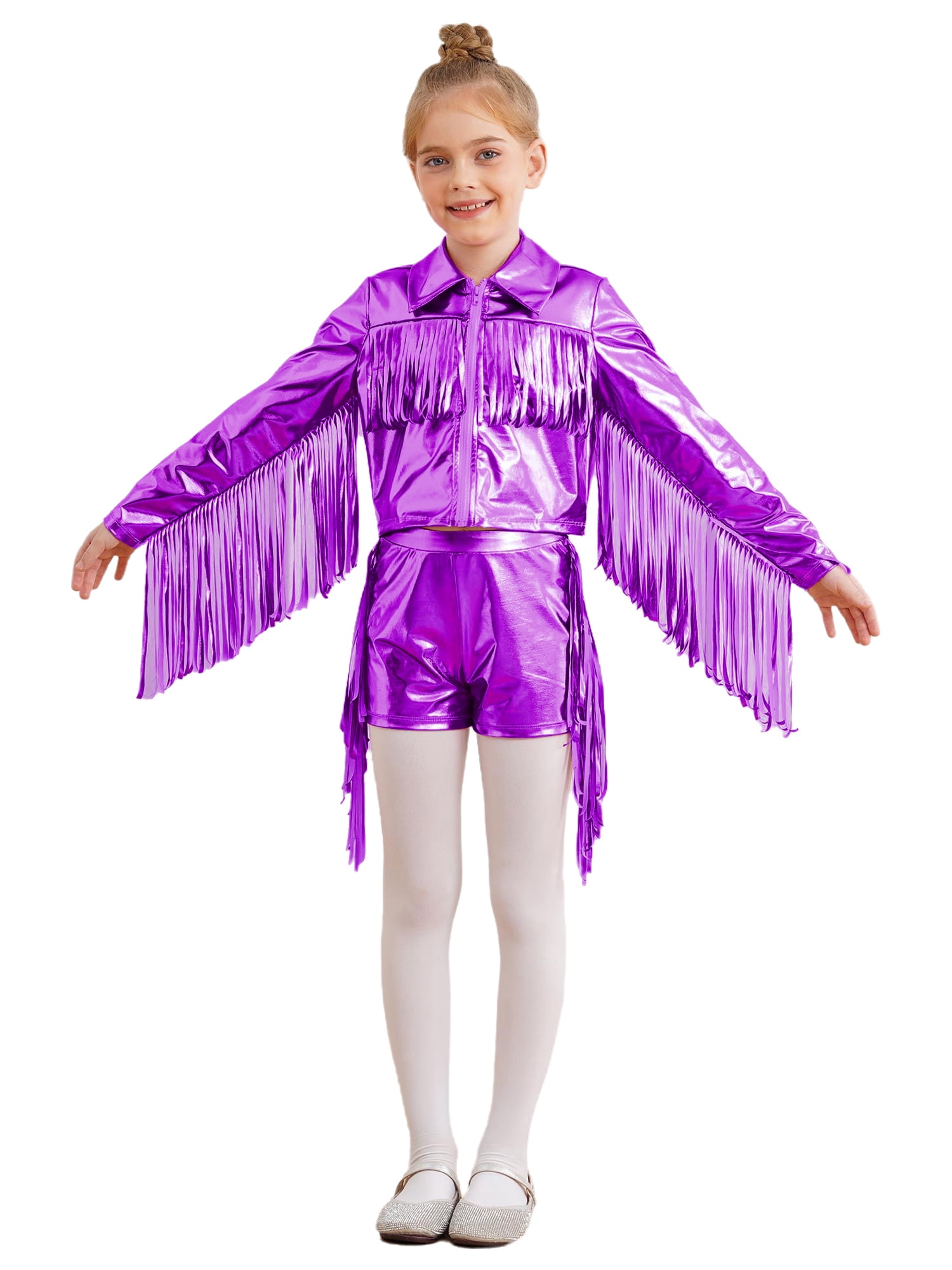 YiZYiF Girls Sequins Tassels Dance Outfits Metallic Zipper Jacket with ...