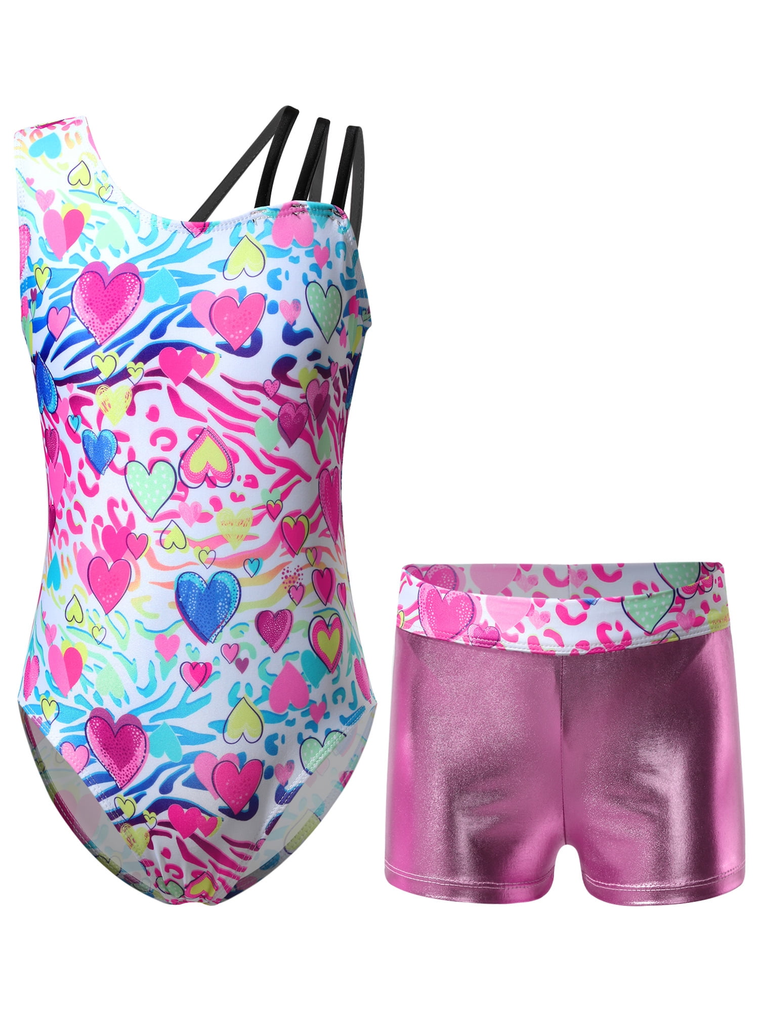 YiZYiF Girls Shiny Metallic Gymnastics Leotard with Shorts Outfit Athletic Dance Biketard Heart ...