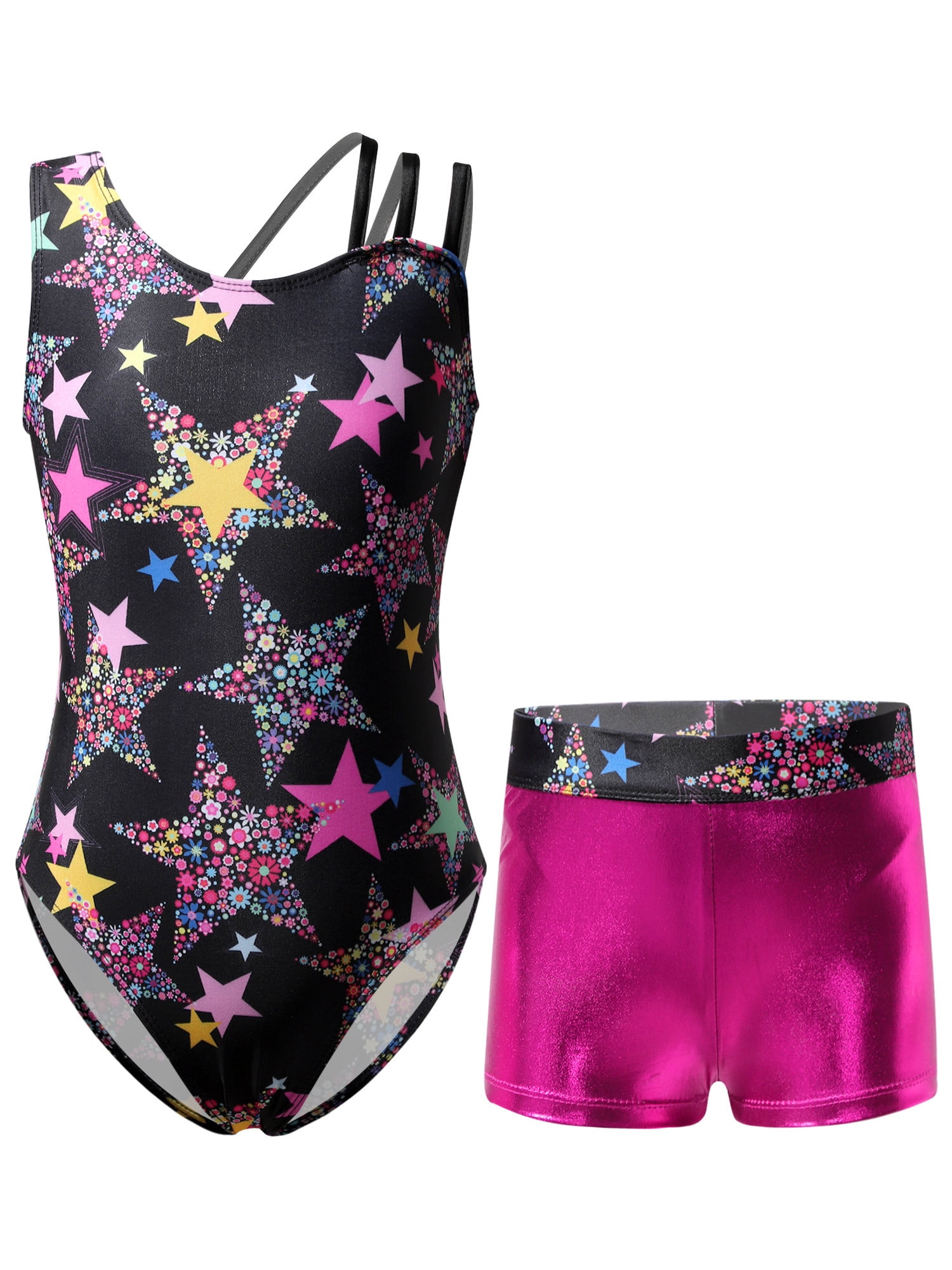 YiZYiF Girls Shiny Metallic Gymnastics Leotard with Shorts Outfit Athletic Dance Biketard Starry ...