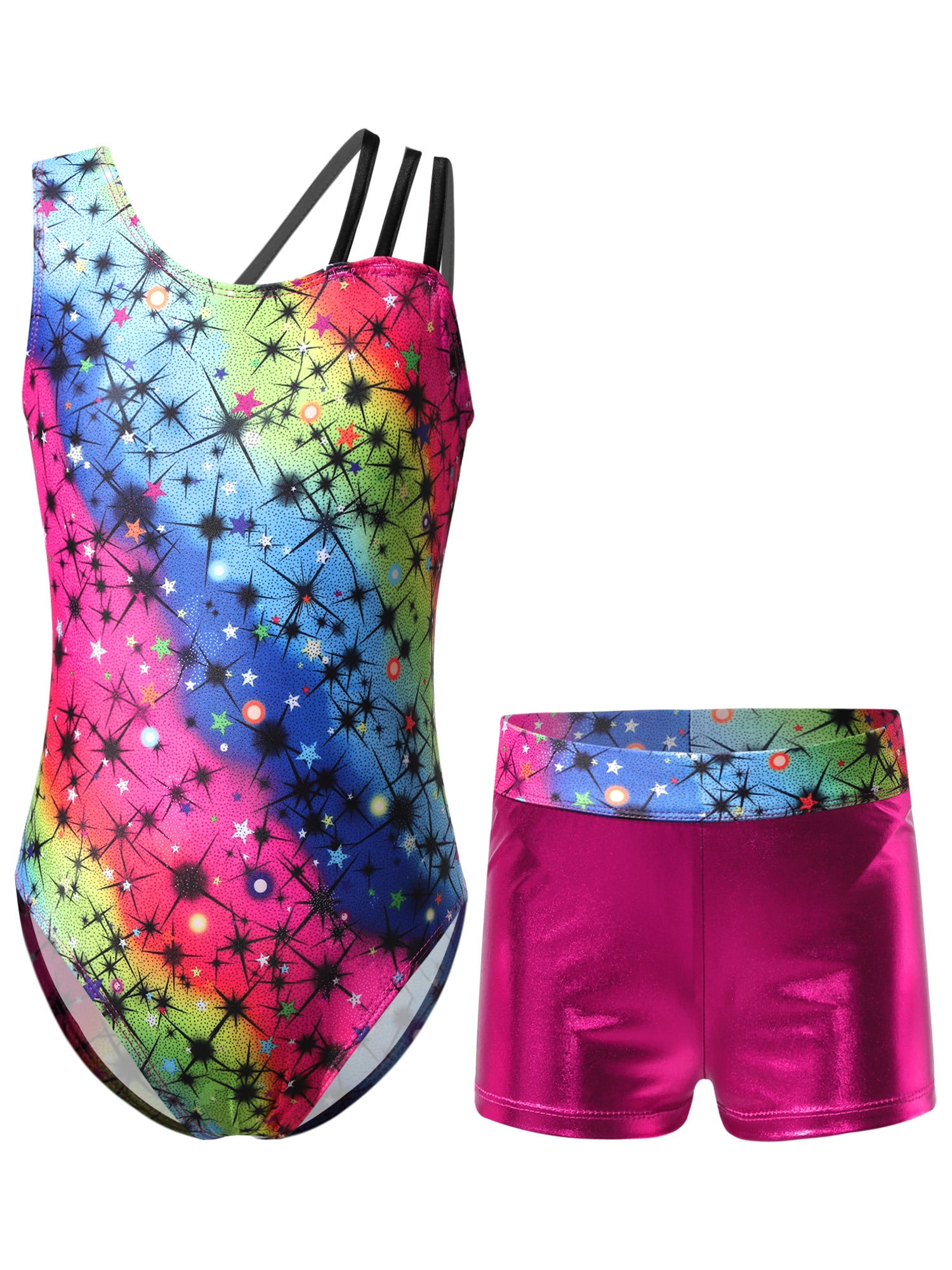 YiZYiF Girls Shiny Metallic Gymnastics Leotard with Shorts Outfit ...