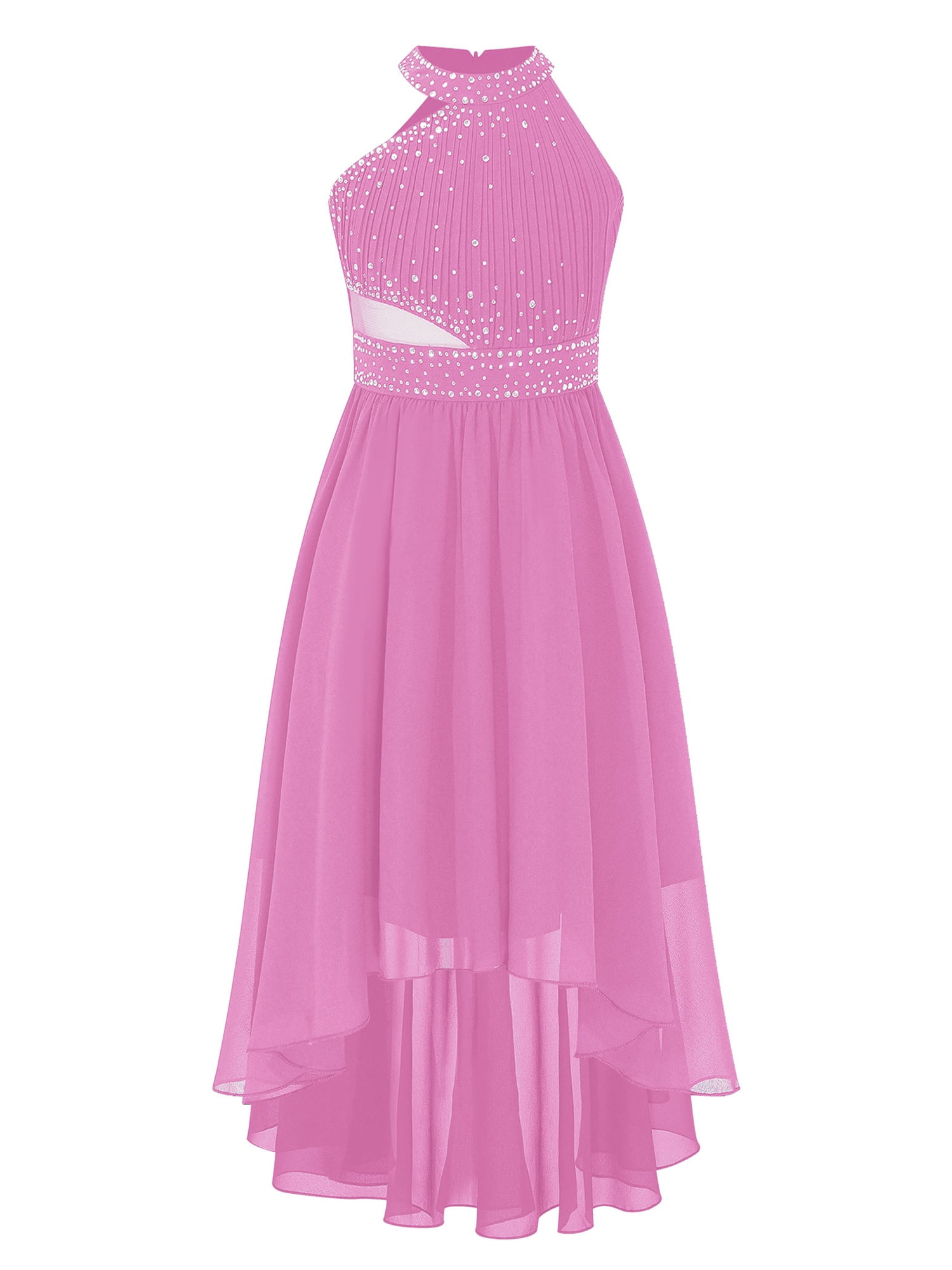 YiZYiF Girls Shiny Rhinestone Party Dress Sleeveless Ruched Bodice High ...