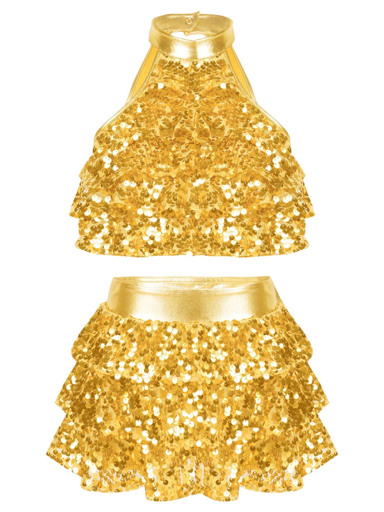 YiZYiF Girls Shiny Sequins Halter Tassels Crop Top with Mini Skirt ...