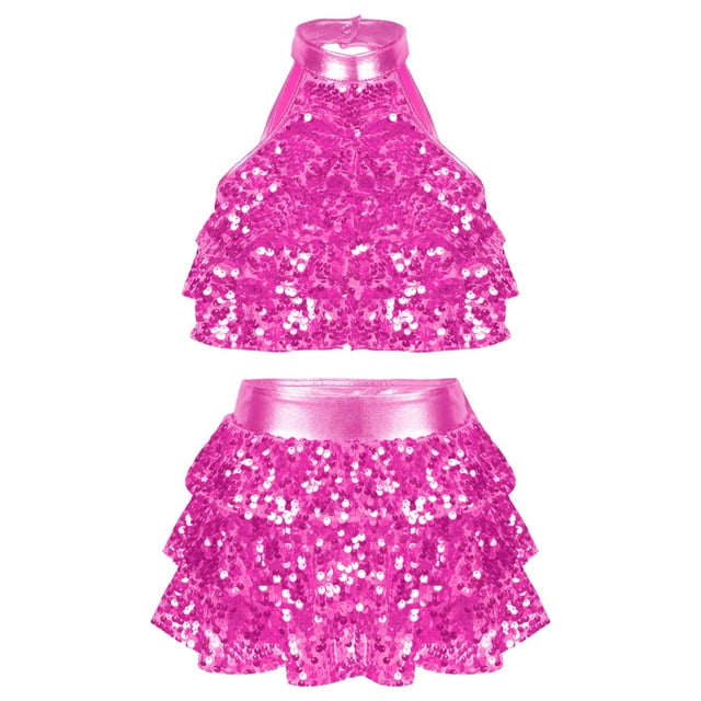 YiZYiF Girls Shiny Sequins Halter Tassels Crop Top with Mini Skirt ...