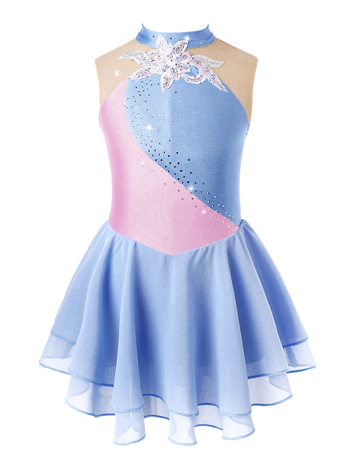 YiZYiF Girls Sparkly Rhinestone Mesh Splice Ballet Gymnastics Leotard ...
