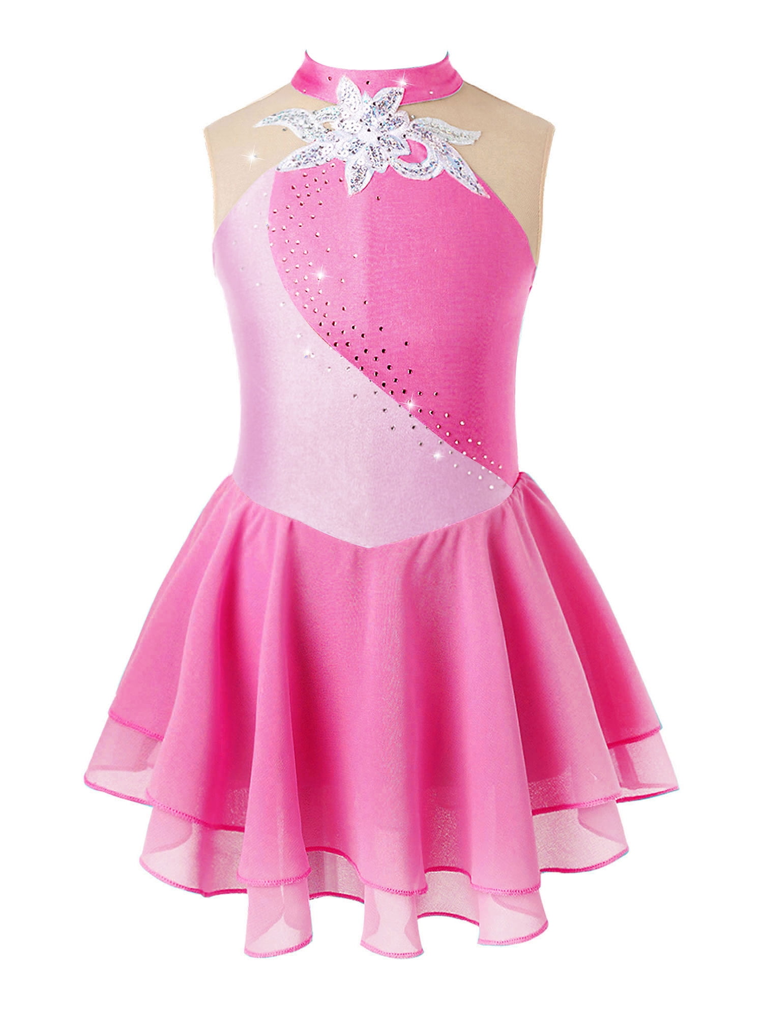 YiZYiF Girls Sparkly Rhinestone Mesh Splice Ballet Gymnastics Leotard ...