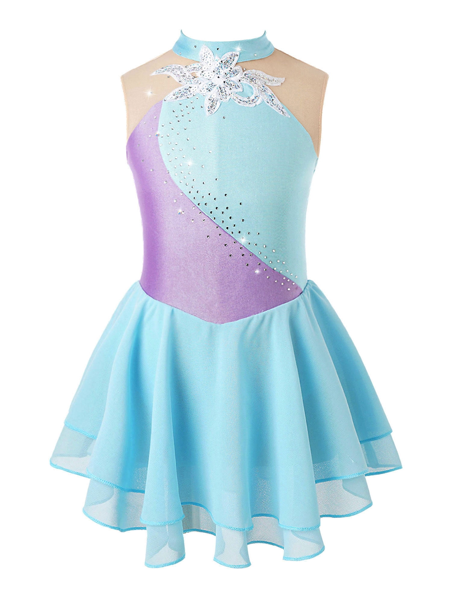 YiZYiF Girls Sparkly Rhinestone Mesh Splice Ballet Gymnastics Leotard ...