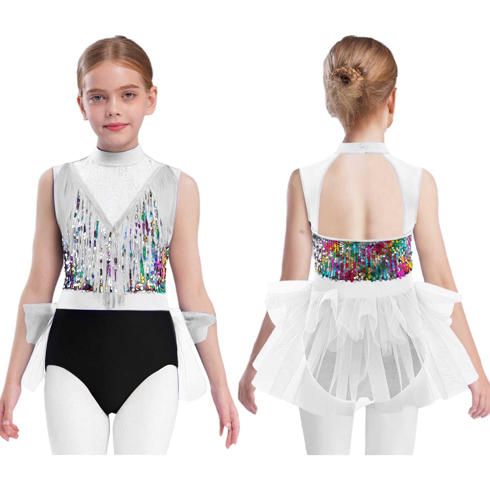 YiZYiF Girls Sparkly Sequins Mesh Splice Jazz Latin Dance Leotard ...