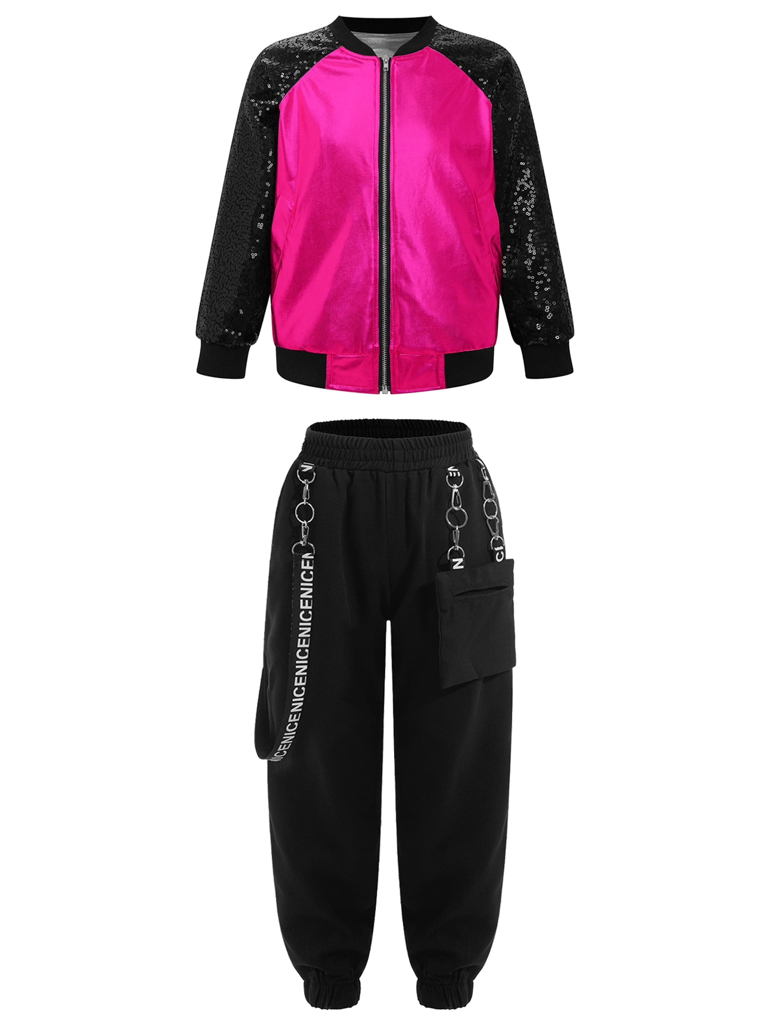 YiZYiF Girls Sports Set Long Sleeve Metallic Jacket with Cargo Pants ...