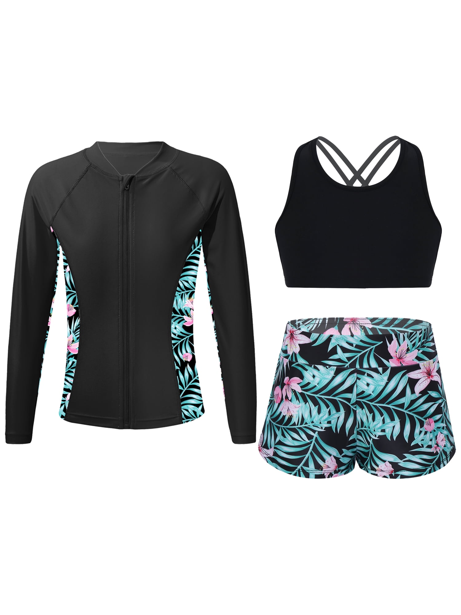 YiZYiF Girls Teens Tankini Swimsuit with Long Sleeve Tops Bathing Suit ...