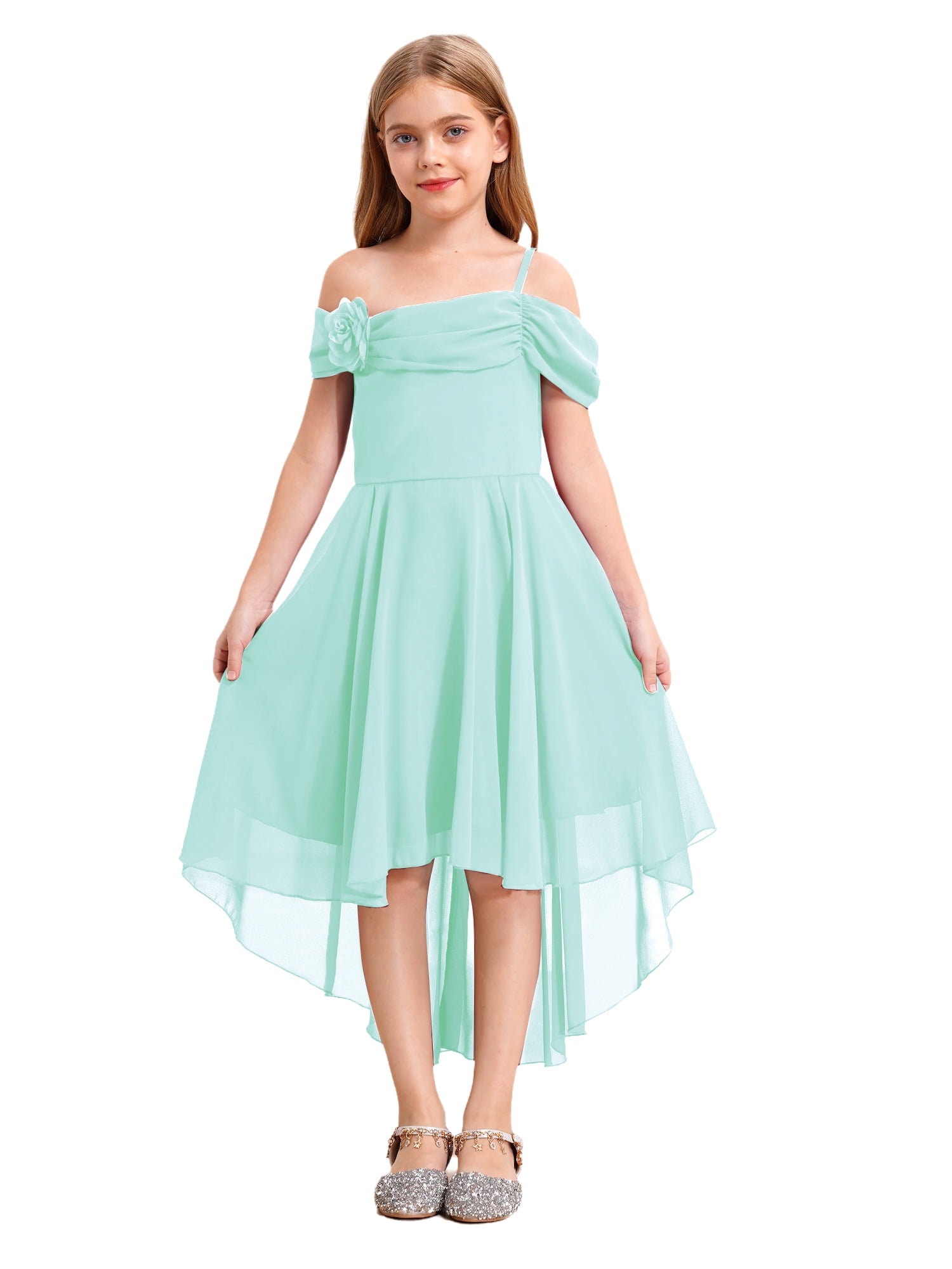 YiZYiF Kid Girl Off Shoulder Flower Girls Dress High Low Hem Wedding ...