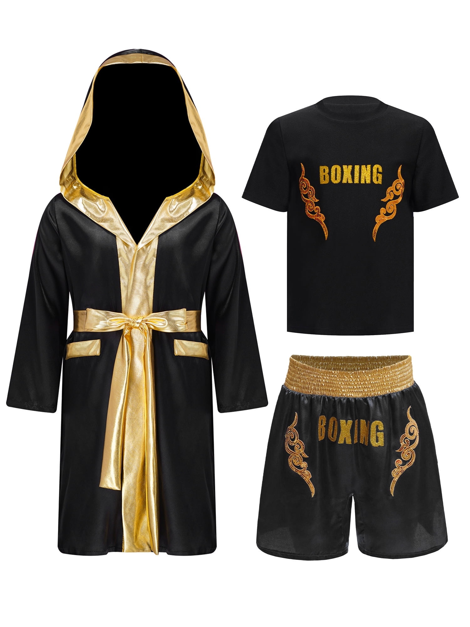 YiZYiF Kids Boys Boxing Kickboxing Fighter Outfits Long Satin Hooded ...