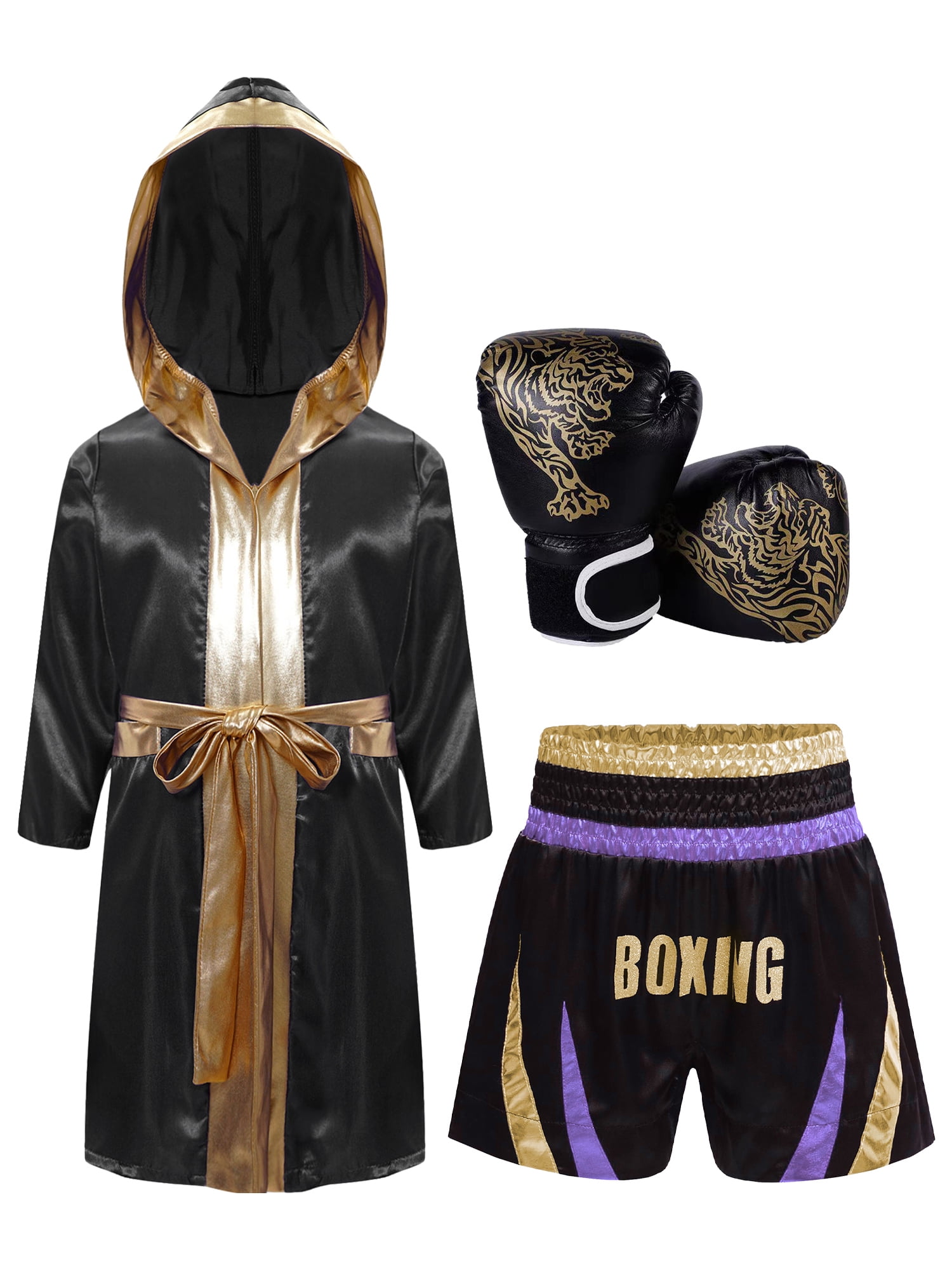 YiZYiF Kids Boys Boxing Outfits Metallic Trim Satin Belted Hooded Cloak ...