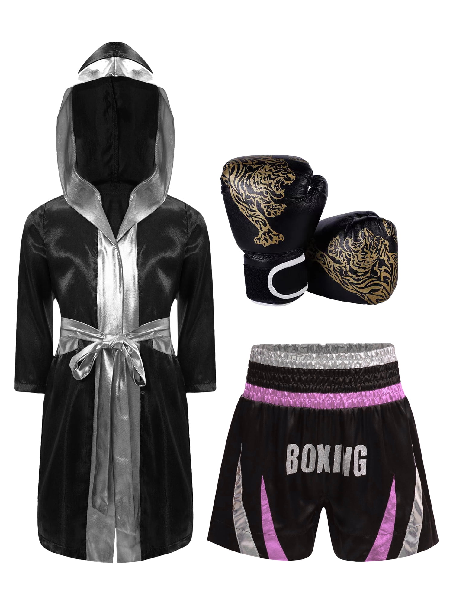 YiZYiF Kids Boys Boxing Outfits Metallic Trim Satin Belted Hooded Cloak ...