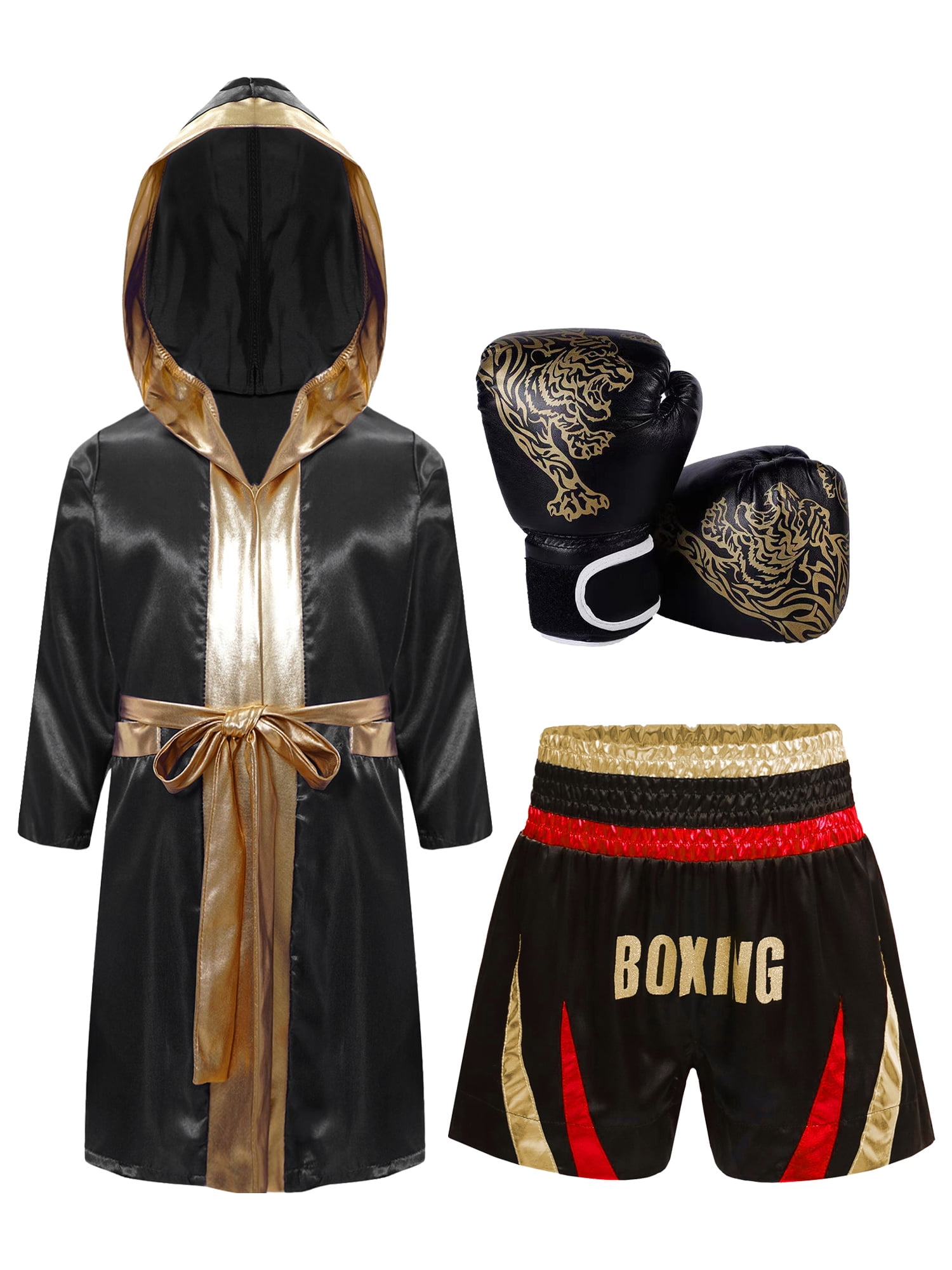 YiZYiF Kids Boys Boxing Outfits Metallic Trim Satin Belted Hooded Cloak ...