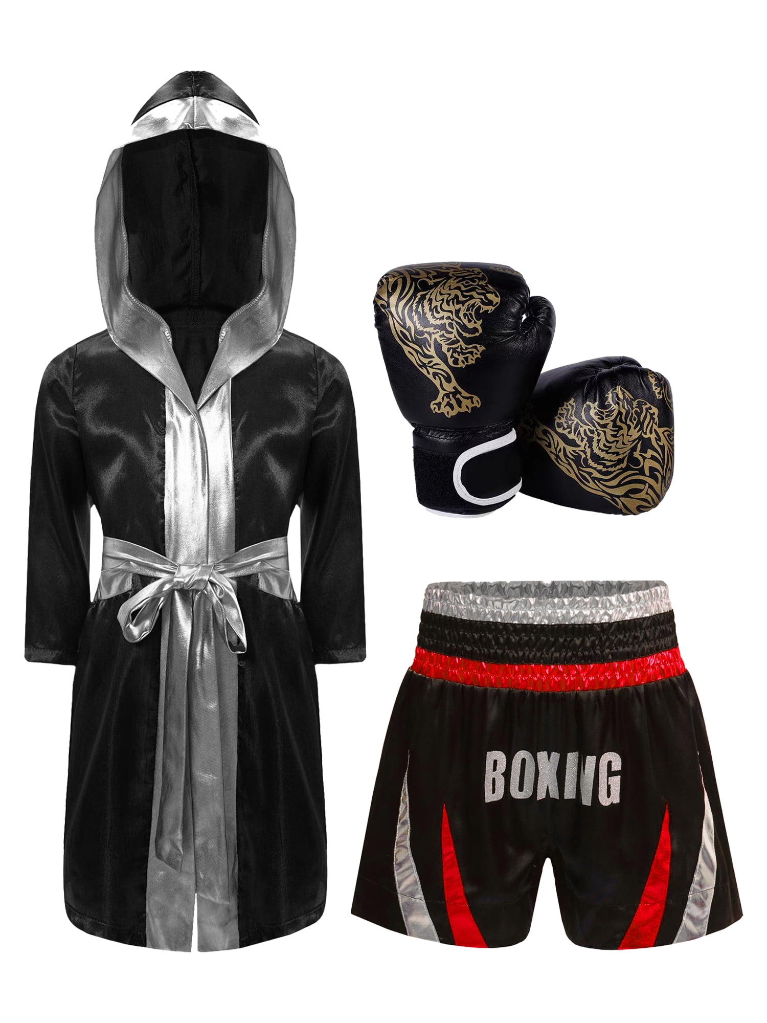 YiZYiF Kids Boys Boxing Outfits Metallic Trim Satin Belted Hooded Cloak ...
