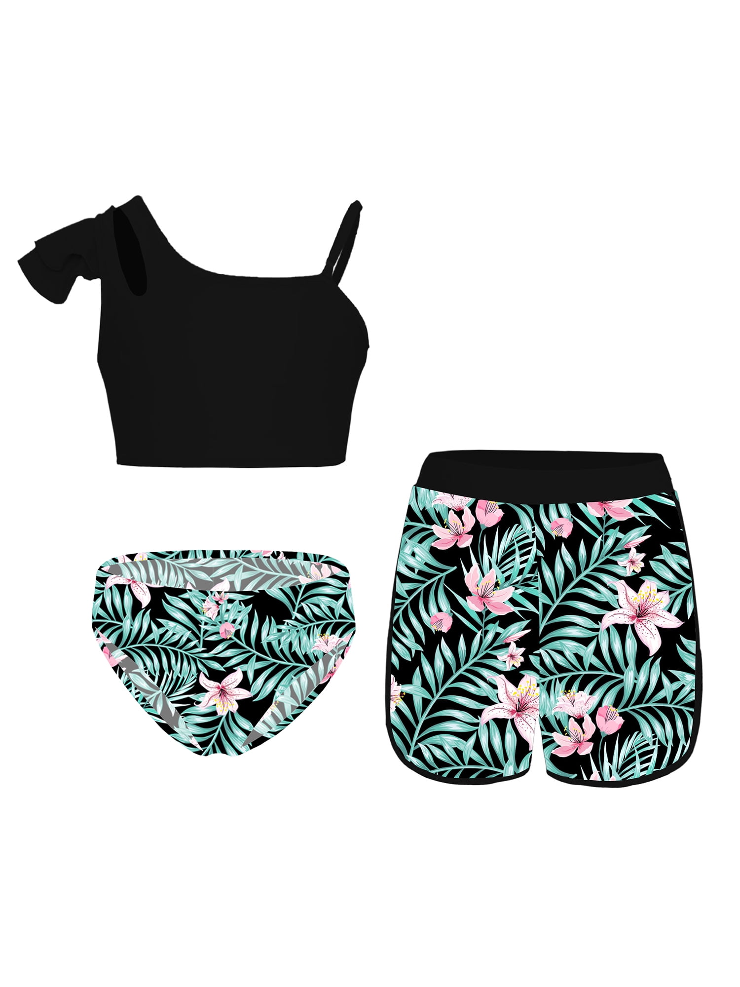 YiZYiF Kids Girls 3Pcs Tropical Print Swimsuit Tank Top with Briefs ...