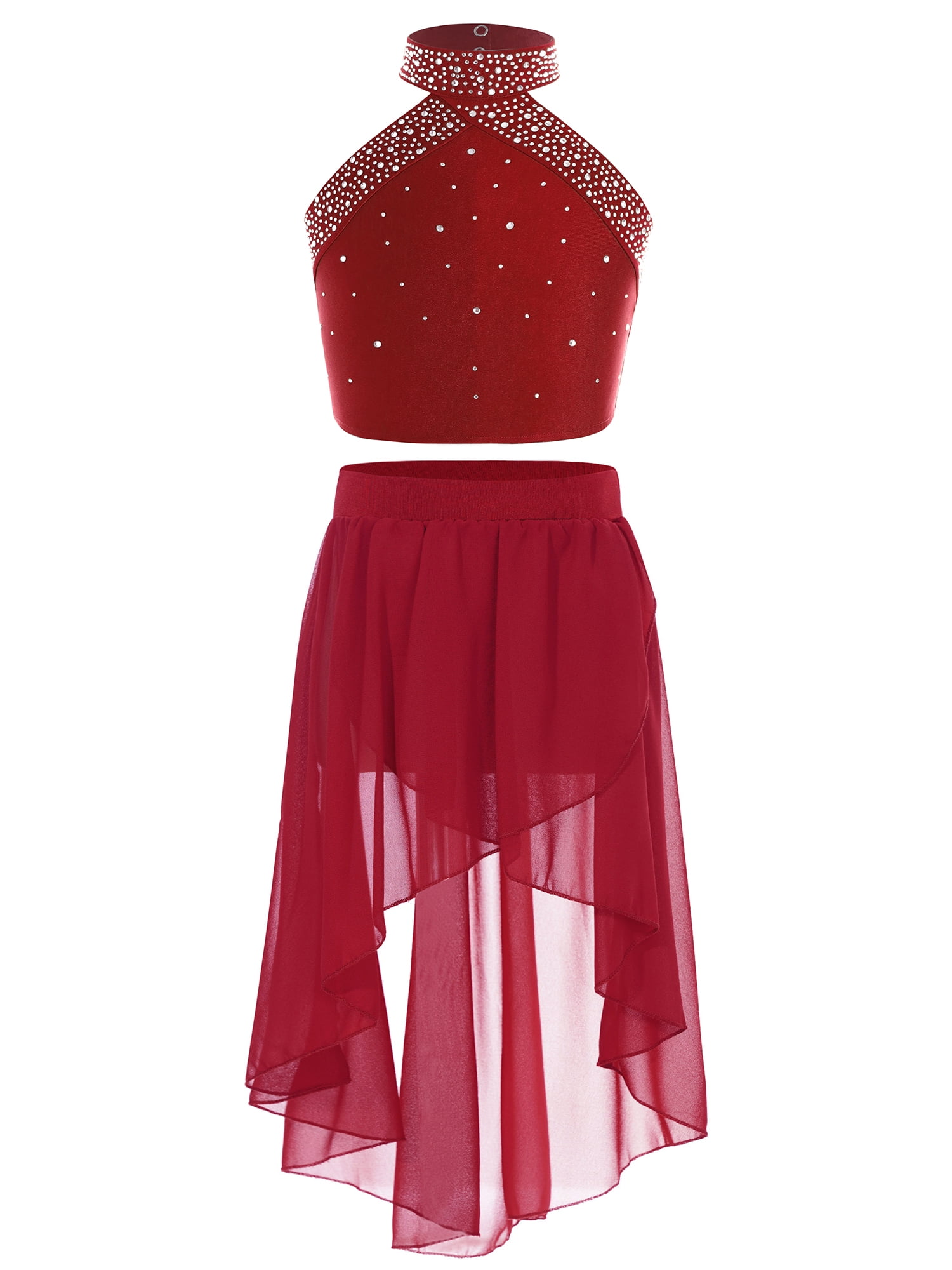 YiZYiF Kids Girls Ballet Lyrical Dance Suit Rhinestone Halter Crop Top ...