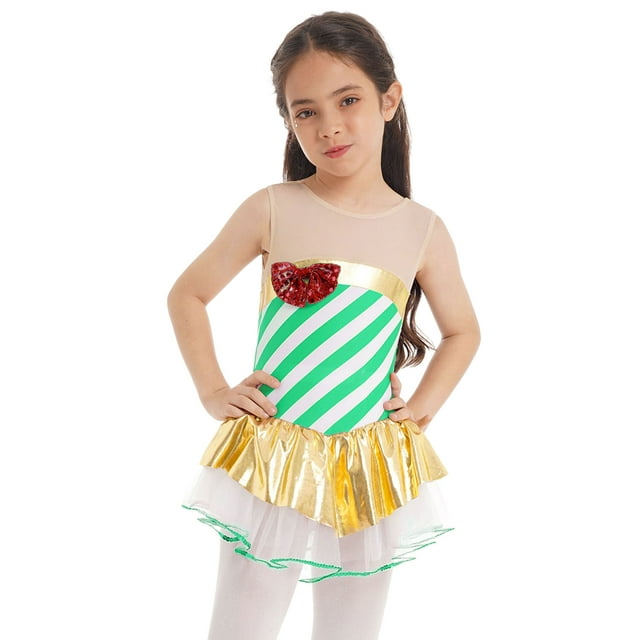YiZYiF Kids Girls Christmas Dance Jumpsuit Mesh Sequins Stripes Dress ...