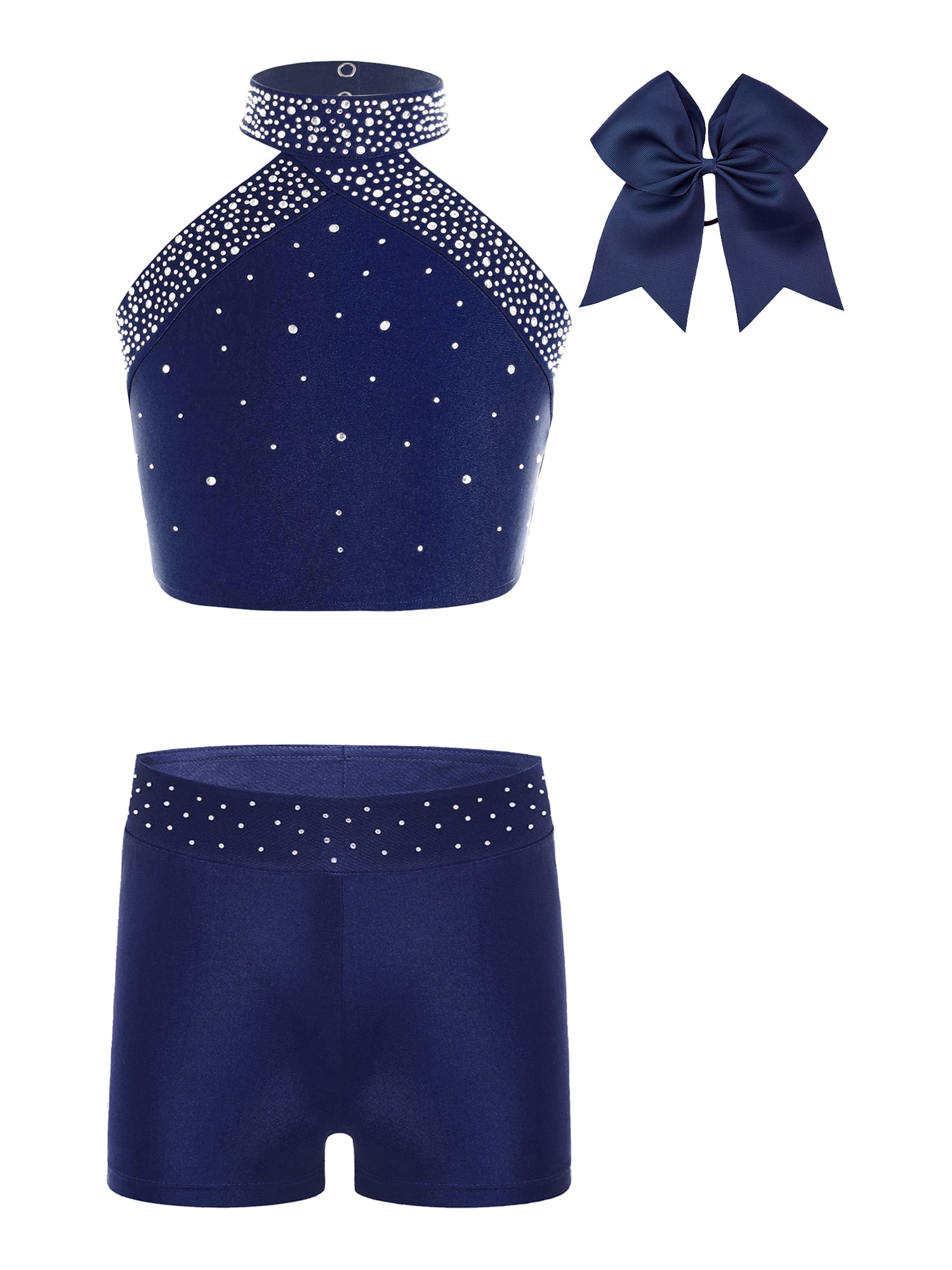 YiZYiF Kids Girls Dance Outfits Rhinestones Crop Tank Top with Shorts ...