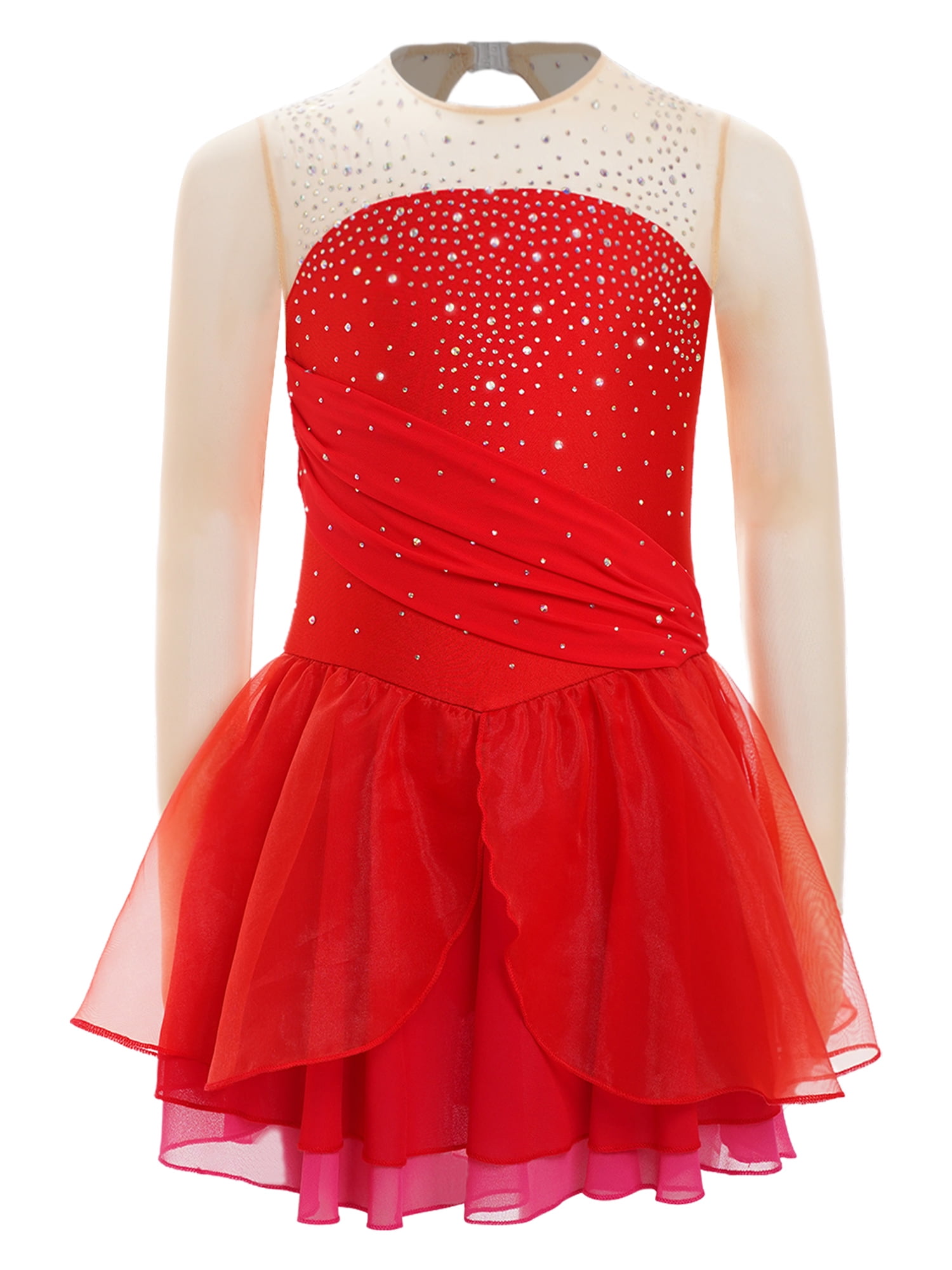 YiZYiF Kids Girls Figure Ice Skating Dress Rhinestones Splice Mesh Long ...