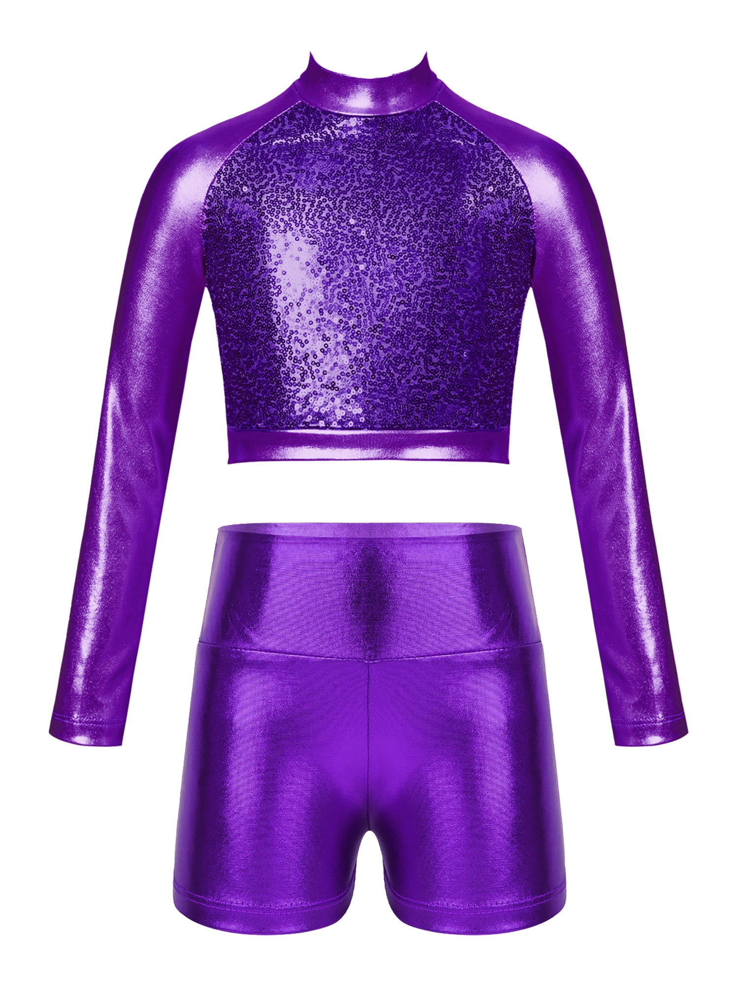 YiZYiF Kids Girls Glossy Metallic Jazz Hip Hop Dance Outfit Long Sleeve ...
