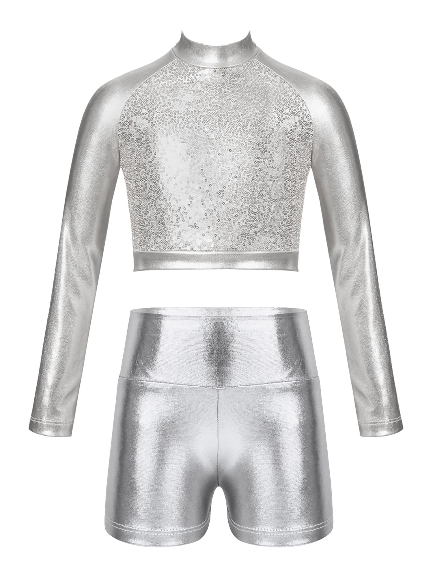 YiZYiF Kids Girls Glossy Metallic Jazz Hip Hop Dance Outfit Long Sleeve ...