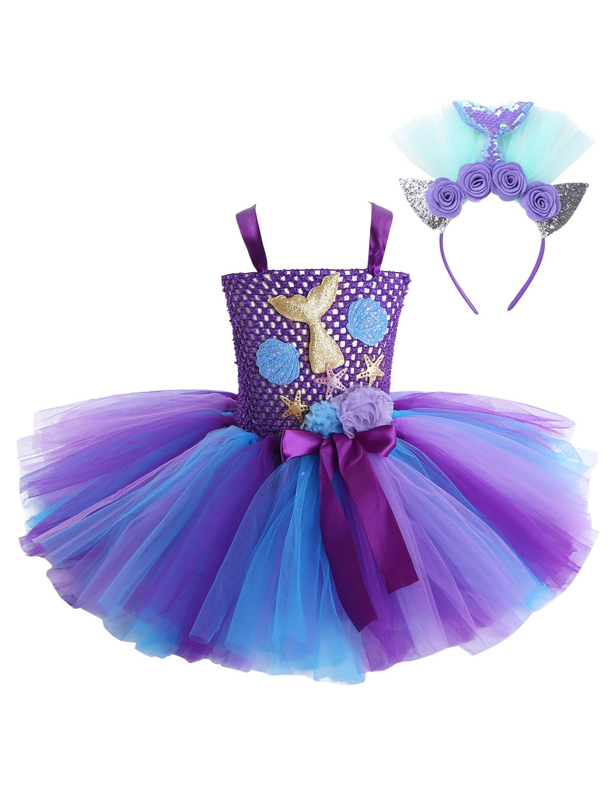YiZYiF Kids Girls Mermaid Halloween Cosplay Costume Flowers Tutu Dress ...
