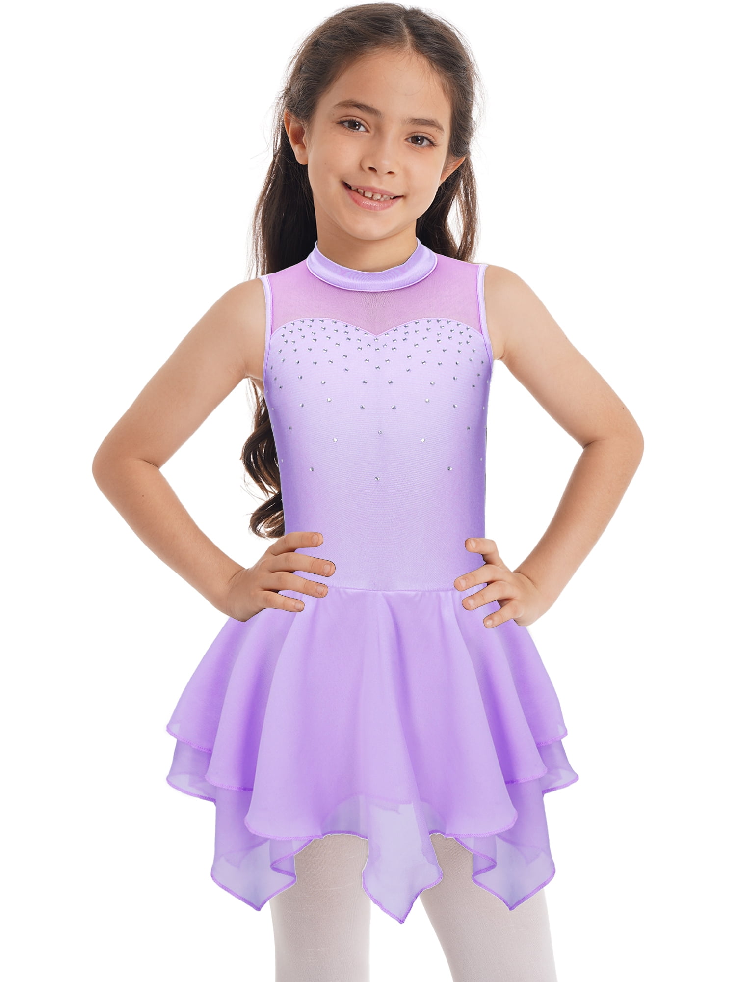 YiZYiF Kids Girls Mesh Splice Skating Dress Sleeveless Gymnastics ...