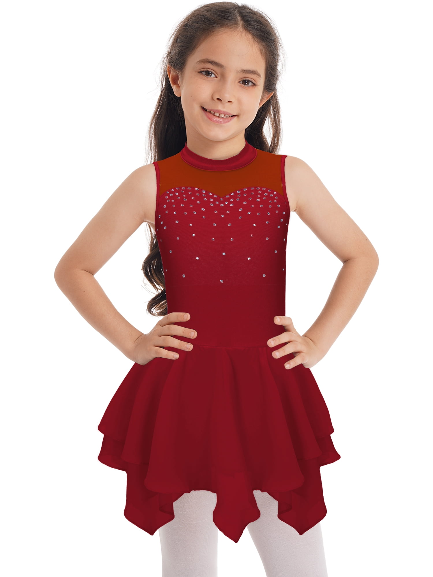 YiZYiF Kids Girls Mesh Splice Skating Dress Sleeveless Gymnastics ...