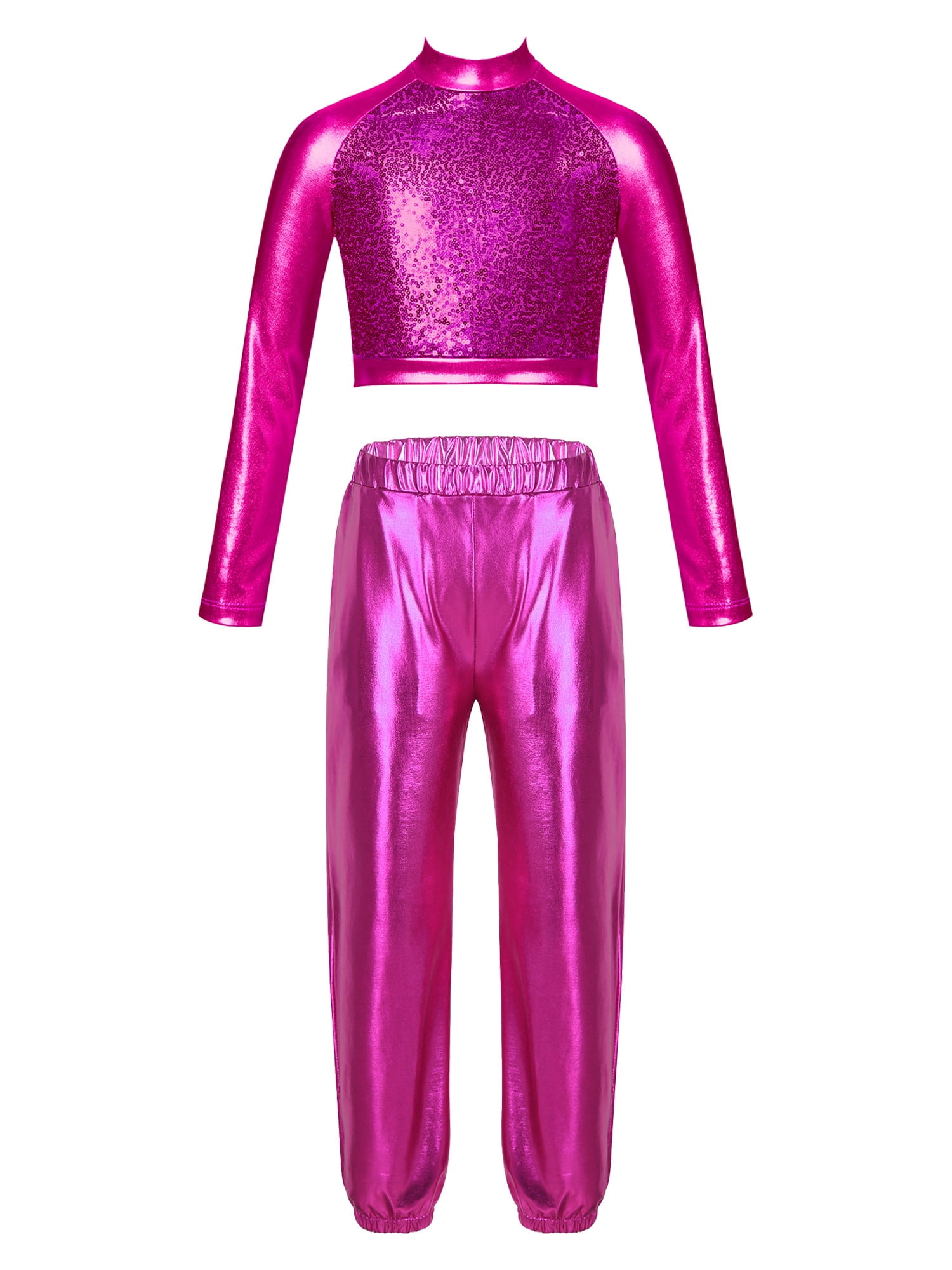YiZYiF Kids Girls Metallic Jazz Dance Outfit, Sequins Long Sleeve Crop ...