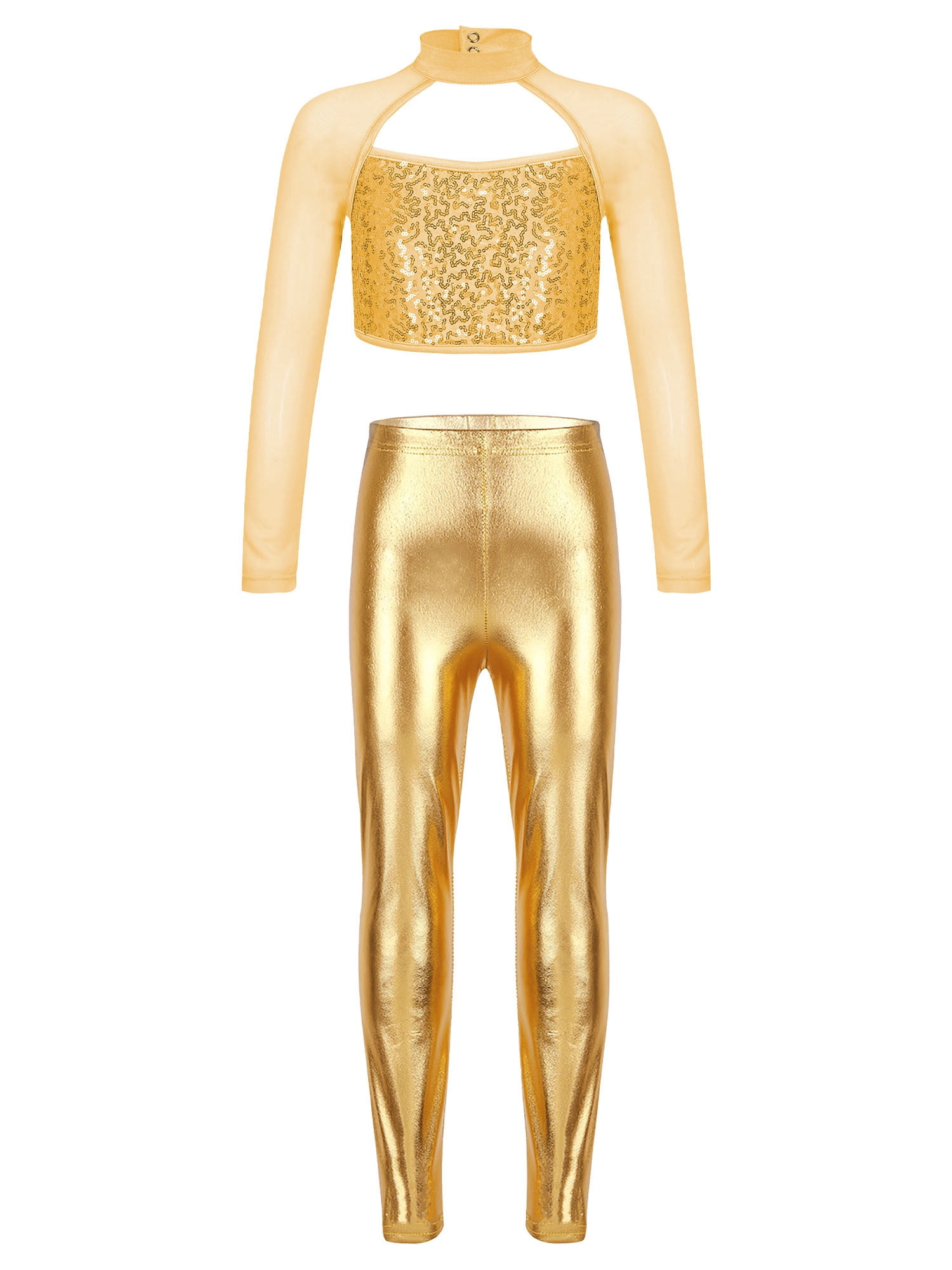 YiZYiF Kids Girls Patchwork Long Sleeve Dance Suit Shiny Sequins Crop ...
