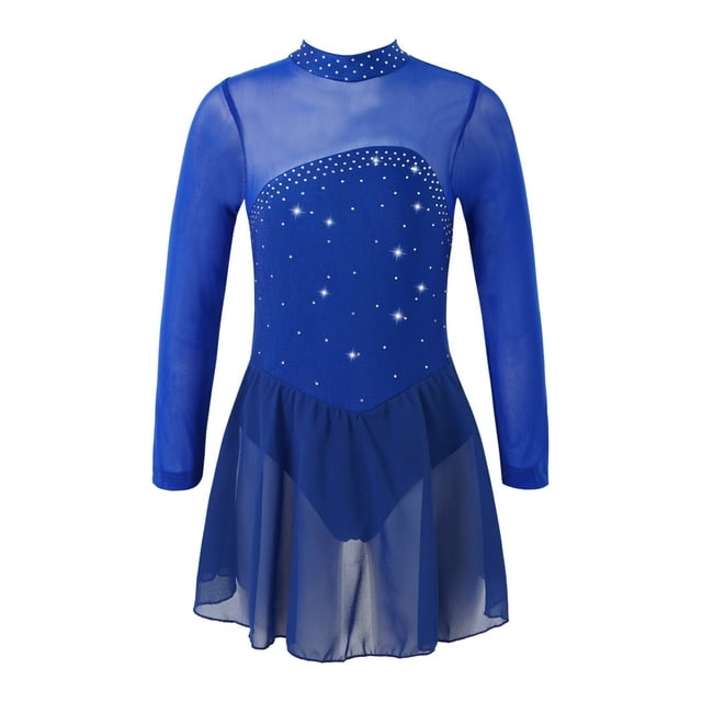 YiZYiF Kids Girls Rhinestones Figure Skating Dress Mesh Splice ...