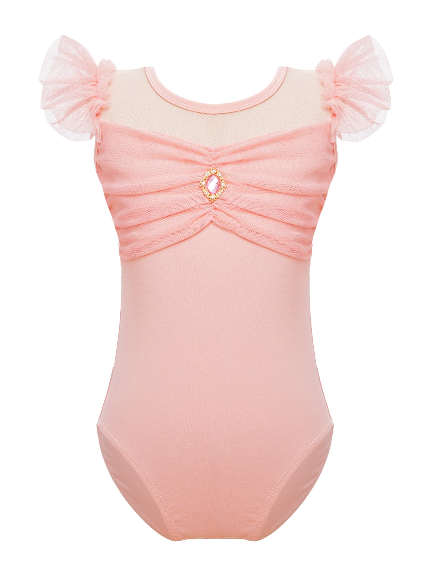 YiZYiF Kids Girls Ruched Mesh Patchwork Dance Leotard Ruffle Sleeve ...