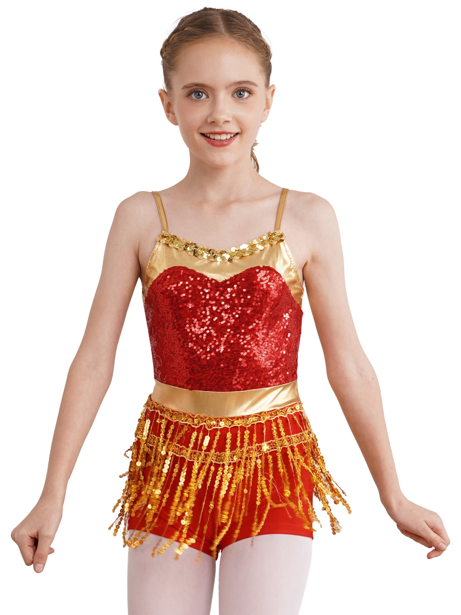 YiZYiF Kids Girls Sequin Fringe Boyleg Jumpsuit Adjustable Straps Shiny Metallic Latin Dance Cha ...