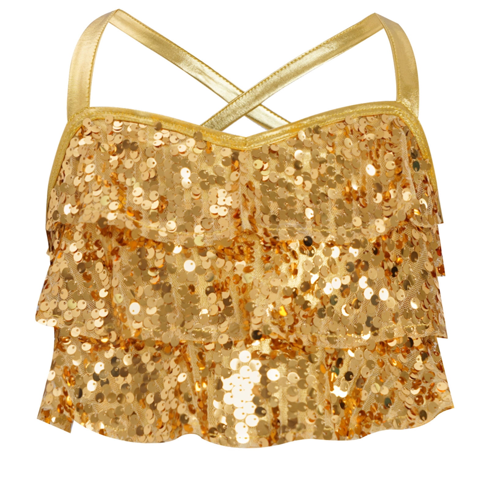 YiZYiF Kids Girls Sequin Shiny Dance Tops Cross Back Metallic Camisole ...