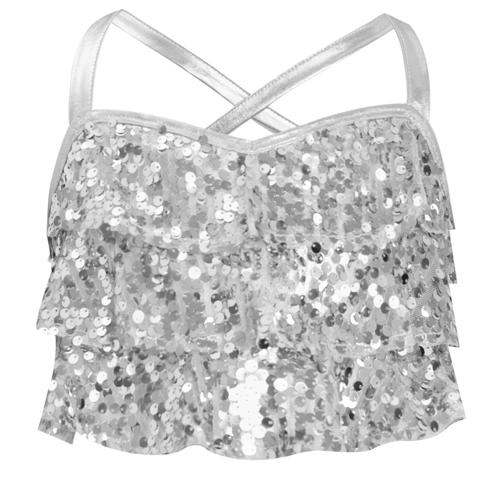 YiZYiF Kids Girls Sequin Shiny Dance Tops Cross Back Metallic Camisole ...