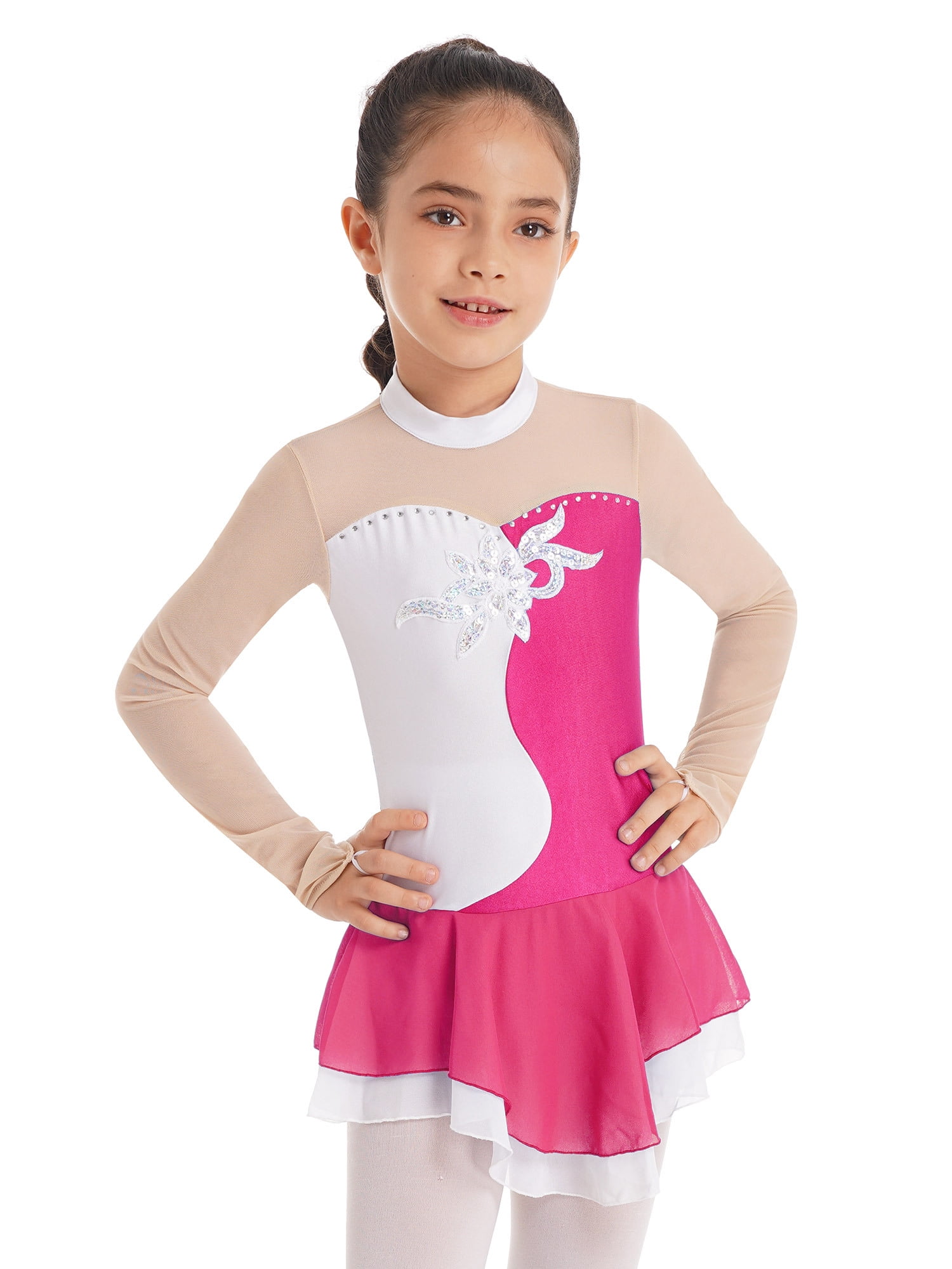 YiZYiF Kids Girls Sequins Mesh Patchwork Ballet Dance Leotard Skating ...