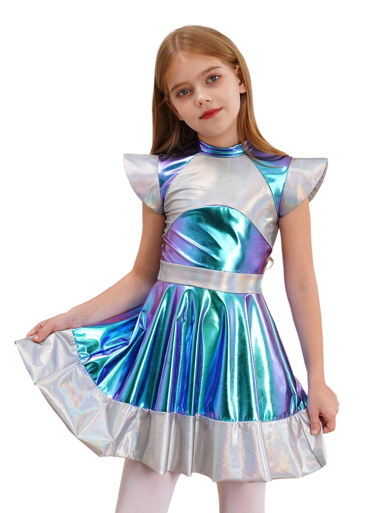 YiZYiF Kids Girls Shiny Metallic Alien Dress Dance Performance ...