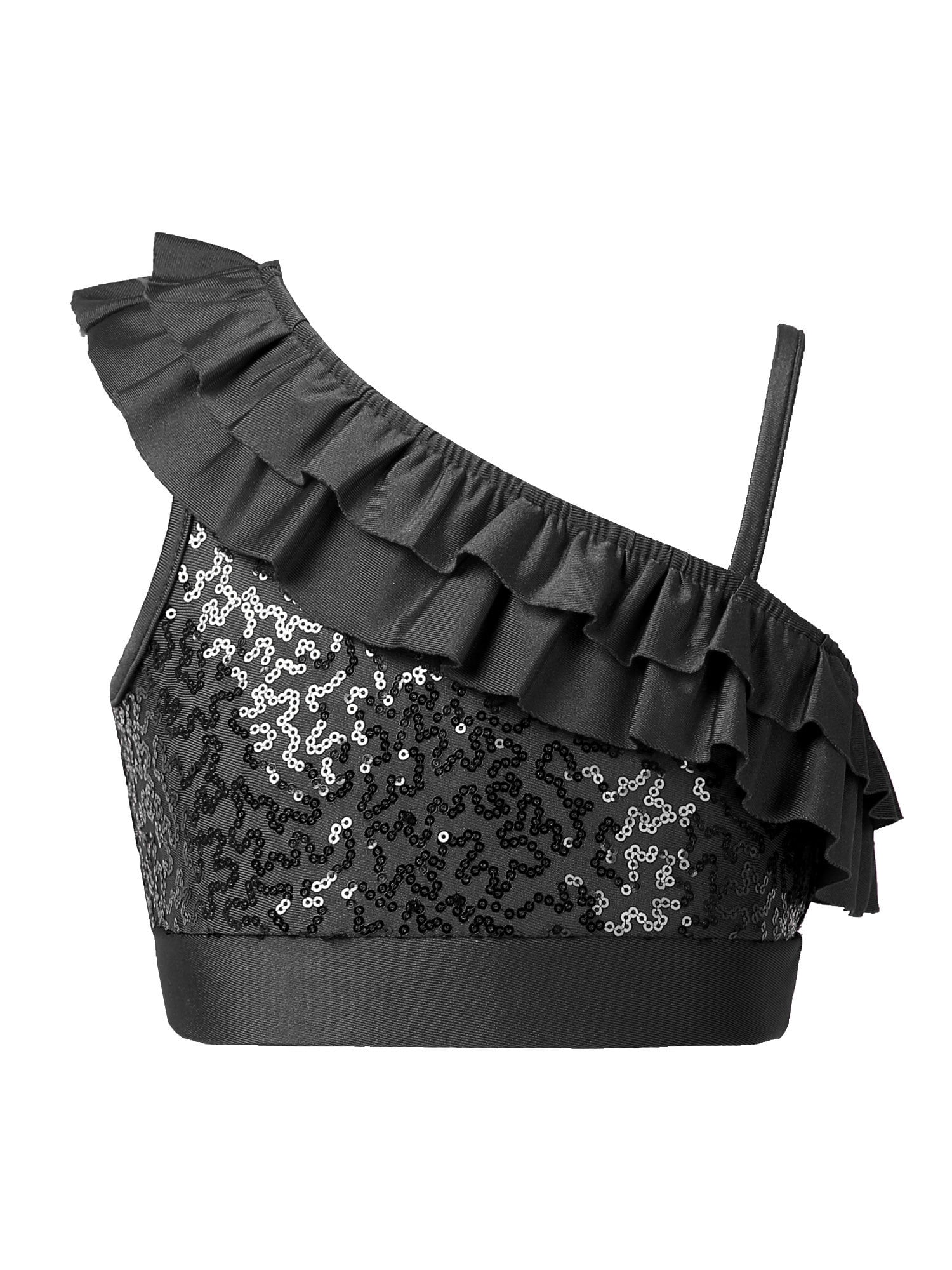 YiZYiF Kids Girls Shiny Metallic Dance Crop Tops One Shoulder ...