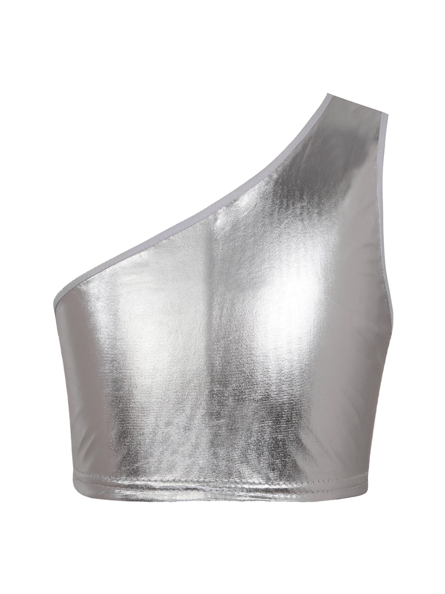 YiZYiF Kids Girls Shiny Metallic Dance Crop Tops One Shoulder ...