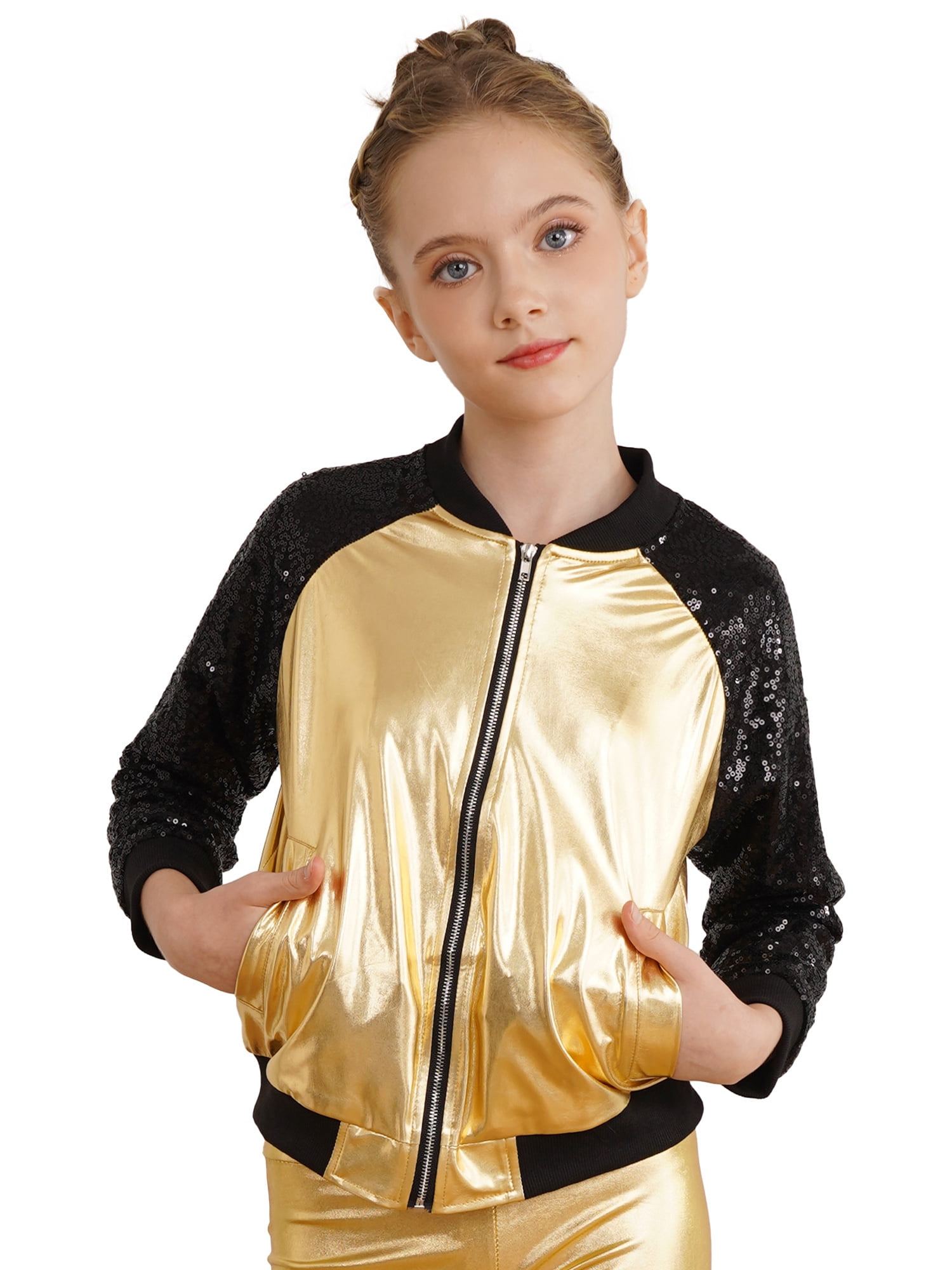 YiZYiF Kids Girls Shiny Metallic Long Sleeve Zipper Front Jacket ...